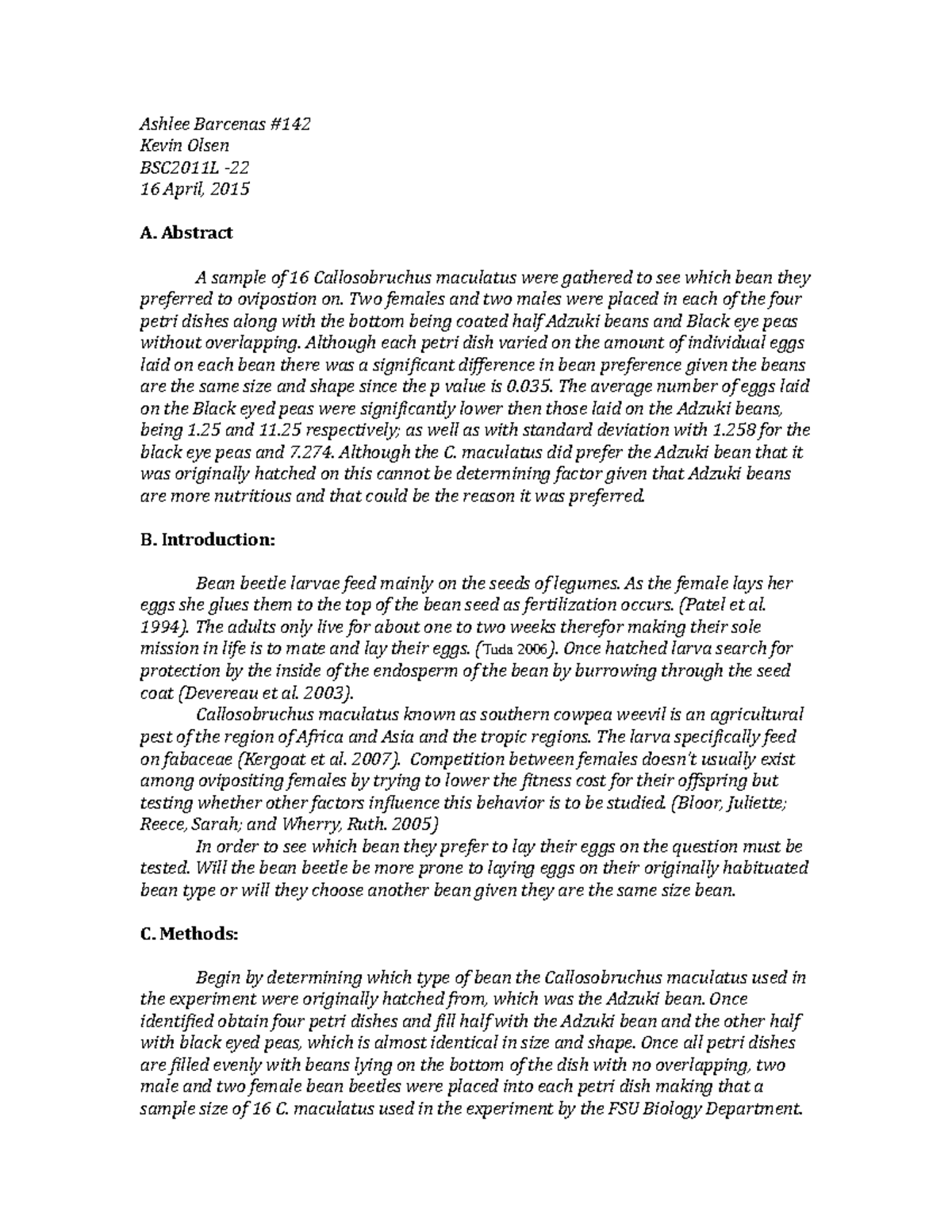 Bean beetle - BIO LAB - Ashlee Barcenas Kevin Olsen BSC2011L 16 April ...
