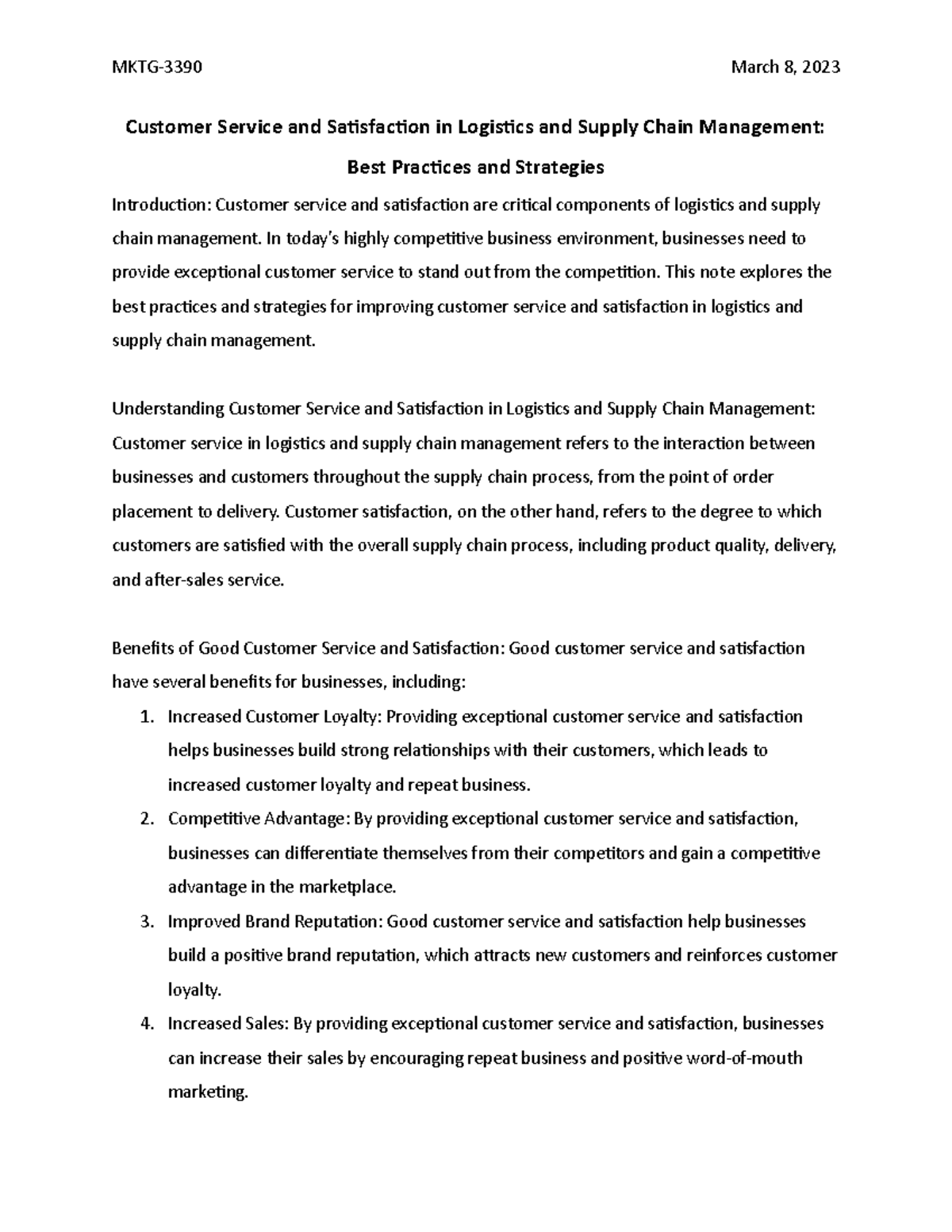 Customer service and satisfaction in logistics and supply chain ...