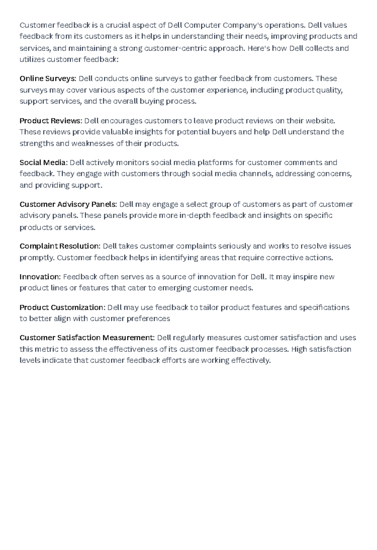 Customer feedback is a crucial aspect of Dell Computer Company's ...