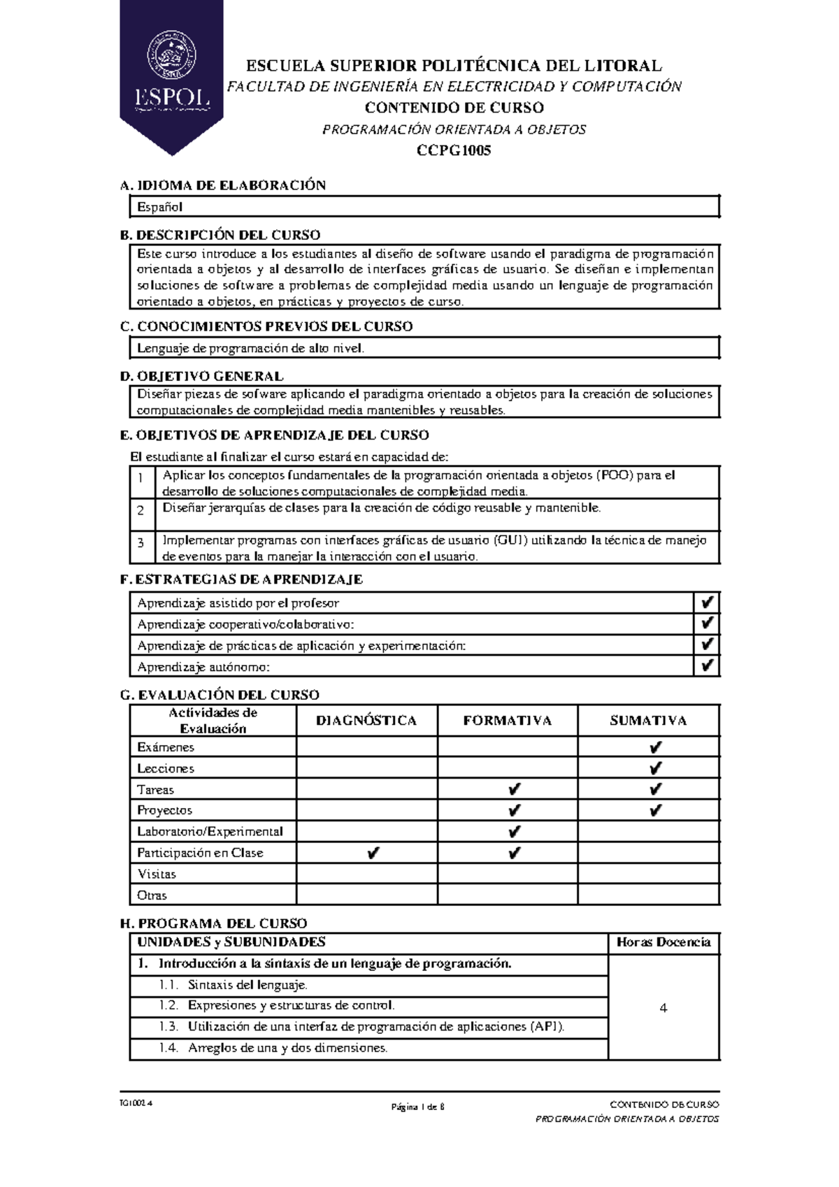 Syllabus Programación Orientada A Objetos Facultad De IngenierÍa En 