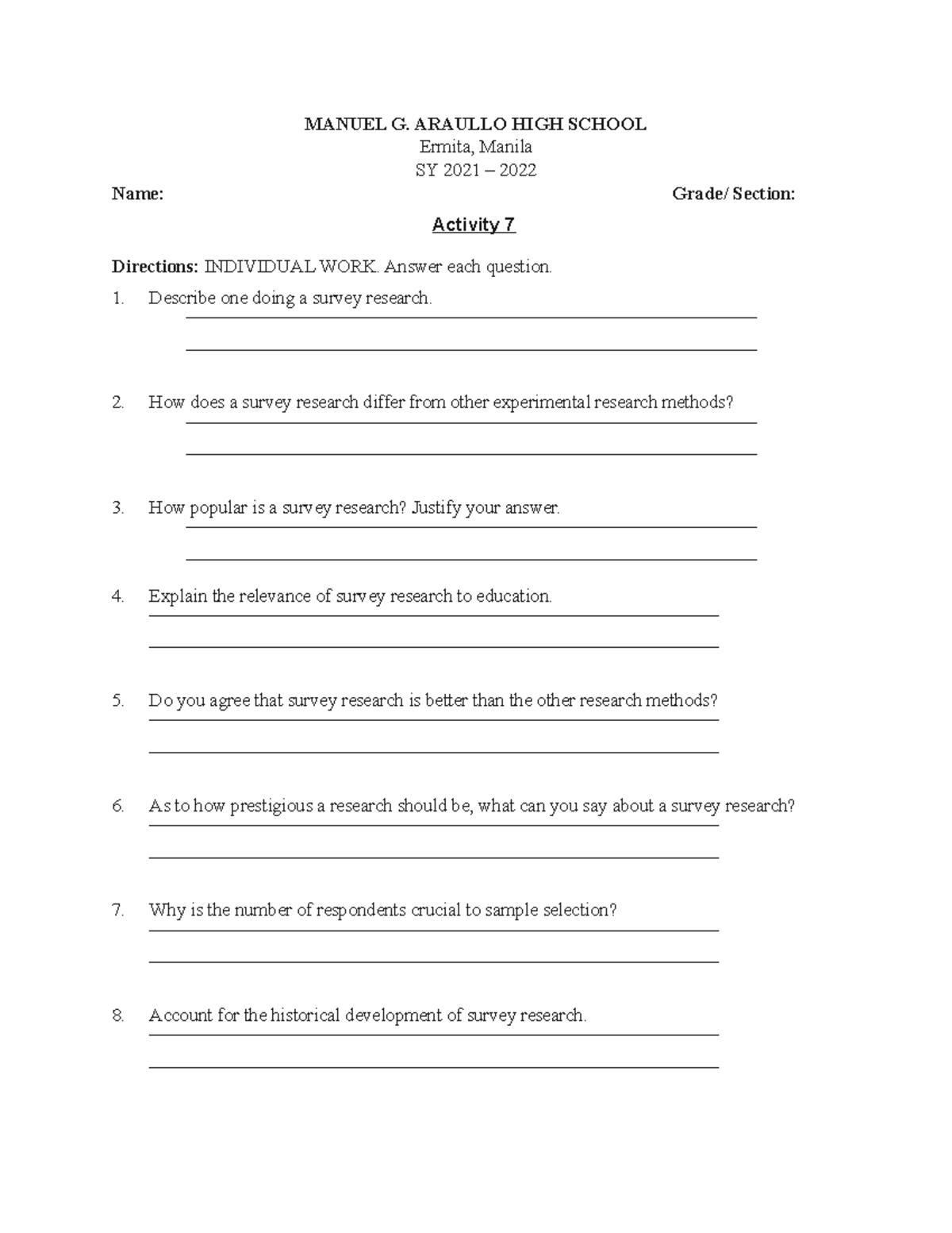 Practical Research 2 Activity - MANUEL G. ARAULLO HIGH SCHOOL Ermita ...