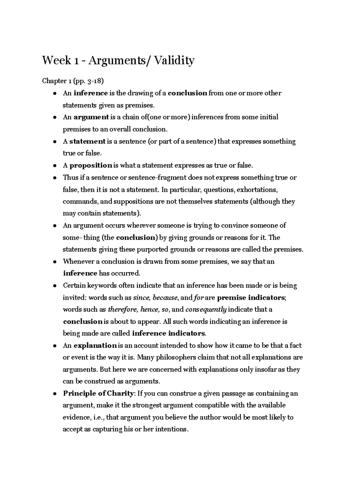Summary - Week 1 - Arguments/ Validity Chapter 1 (pp. 3-18) An inference is the drawing of a ...