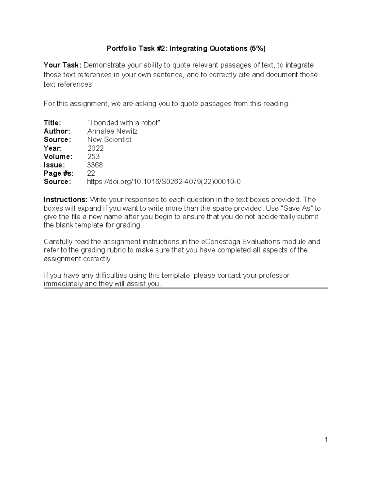 Integrating Quotations Template - Portfolio Task #2: Integrating ...