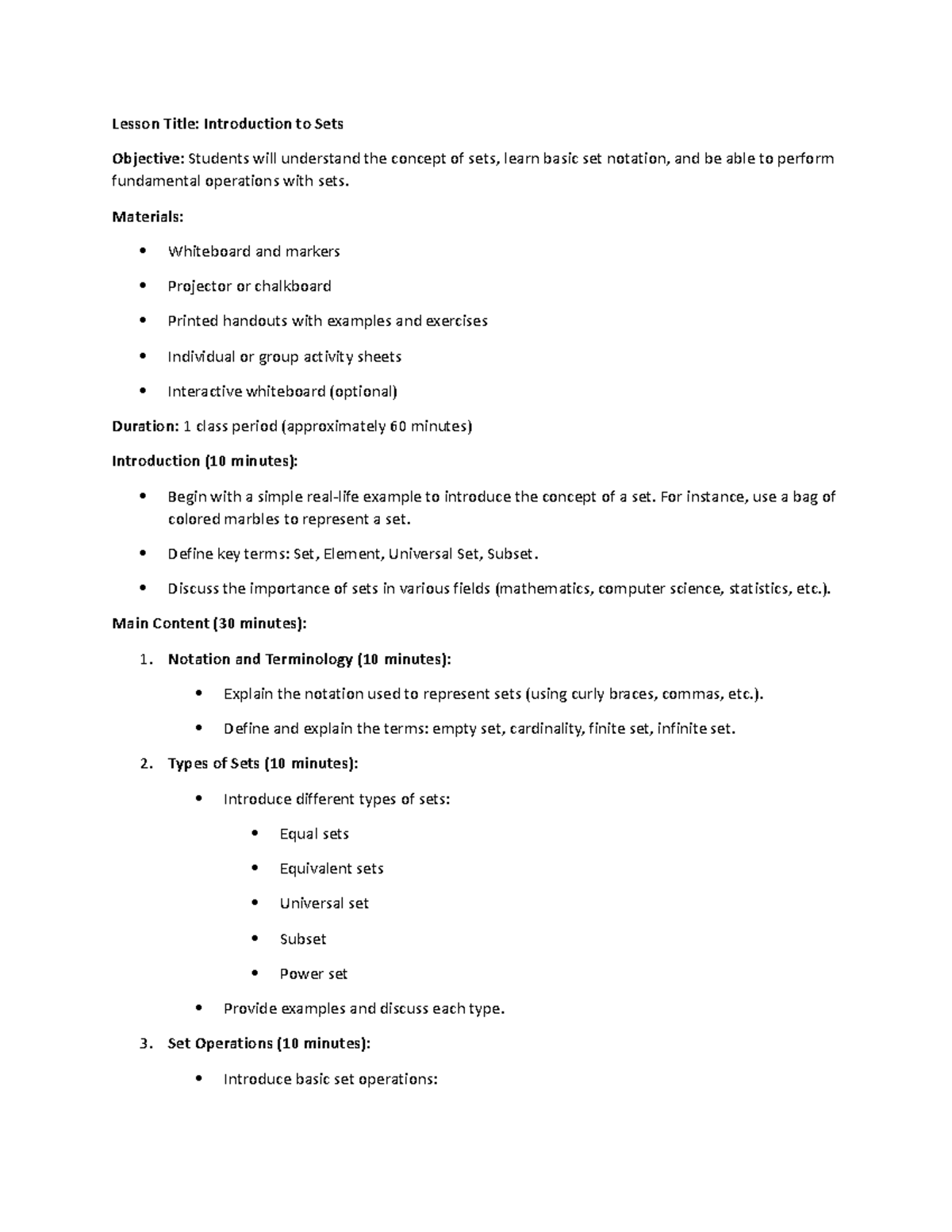 Lesson PLAN SETS - Lesson Title: Introduction to Sets Objective ...