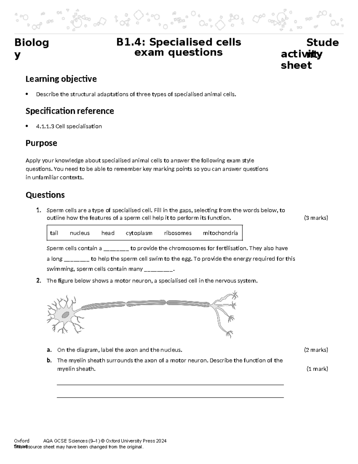 Aqagcse 4ed Bio B01 4 activity - Biolog y B1: Specialised cells Stude ...