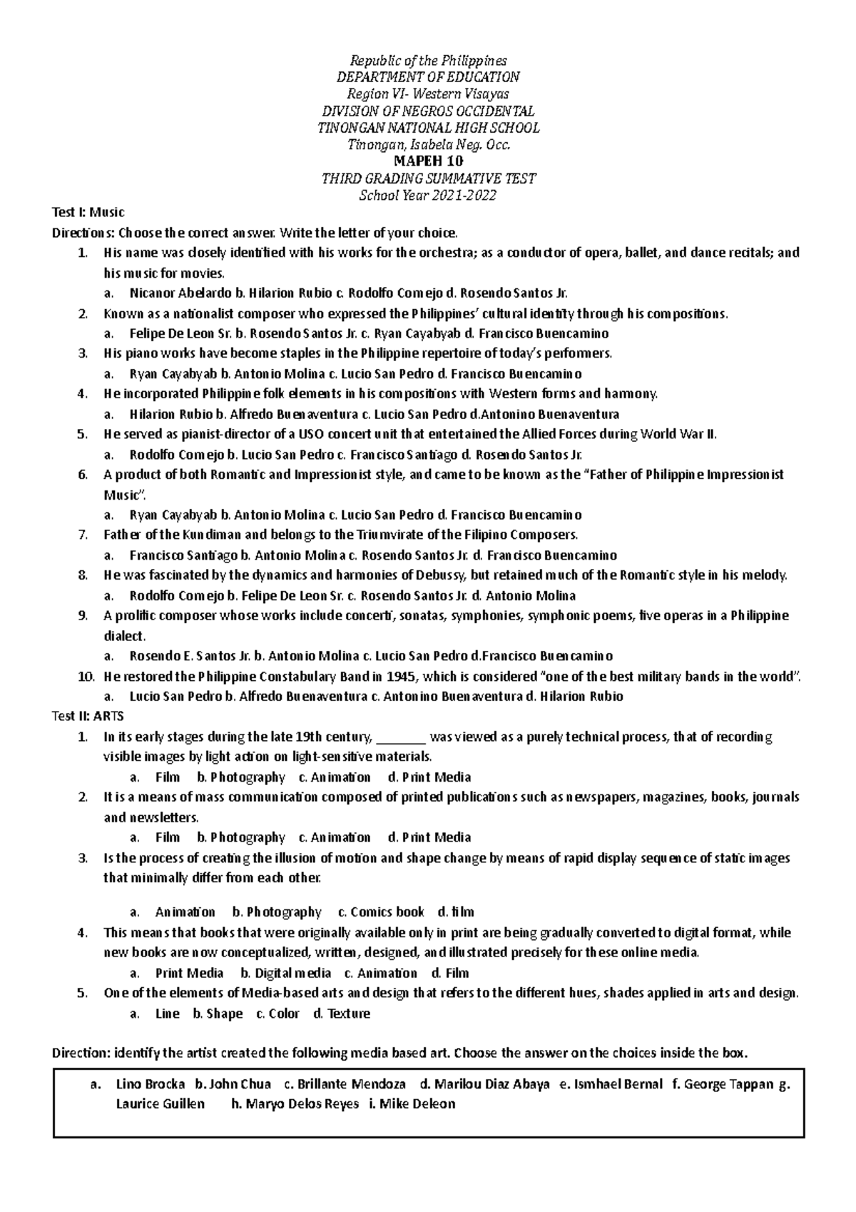 Grade 10 exam 3 - Republic of the Philippines DEPARTMENT OF EDUCATION ...