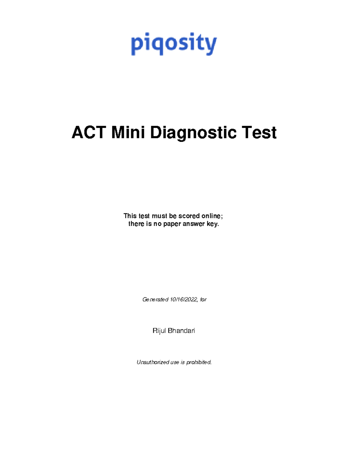 ACT Mini Test - practice test - ACT Mini Diagnostic Test This test must ...