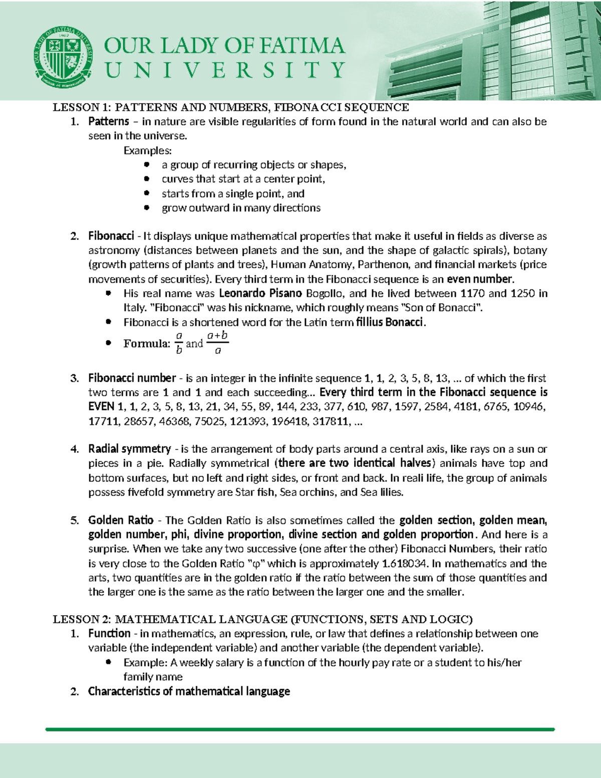 Prelim- Reviewer - LESSON 1: PATTERNS AND NUMBERS, FIBONACCI SEQUENCE Patterns – in nature are ...