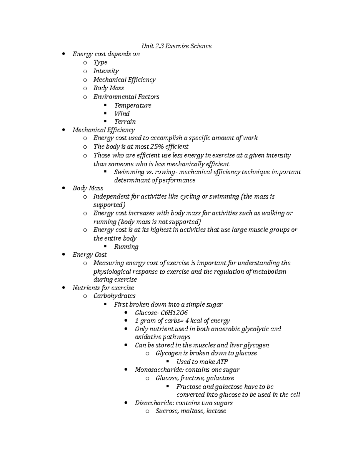 Unit 2.3 Exercise Science - Unit 2 Exercise Science Energy cost depends ...