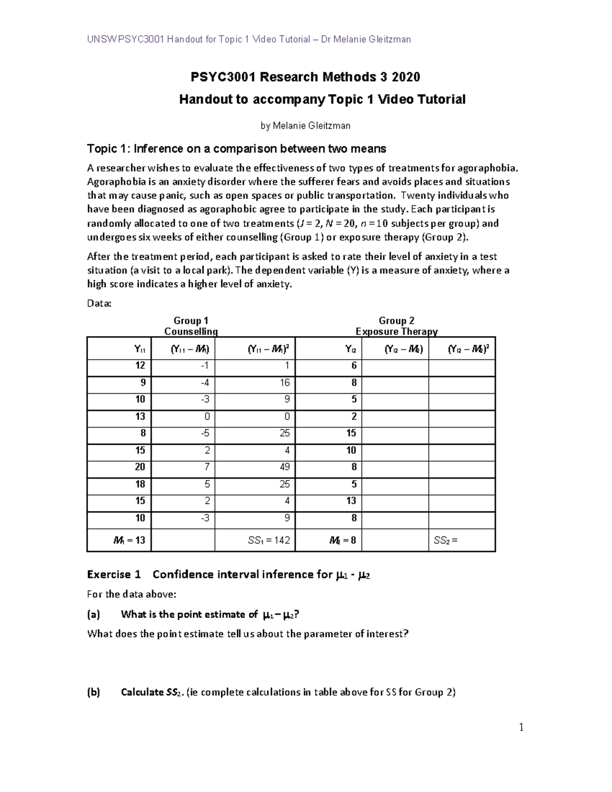 Topic 1 Tutorial Handout - PSYC3001 Research Methods 3 2020 Handout to accompany Topic 1 Video ...