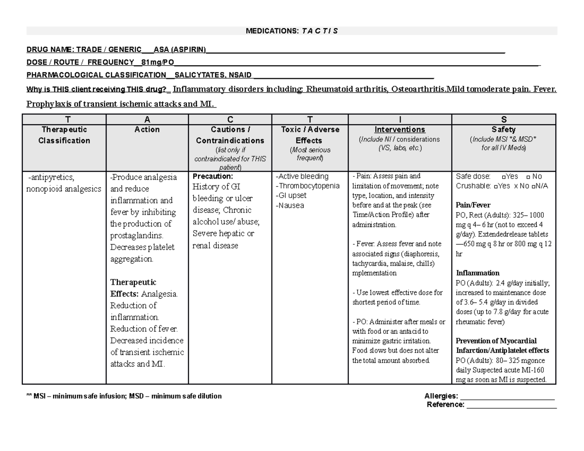 Aspirin - TACTIS - MEDICATIONS: T A C T I S DRUG NAME: TRADE / GENERIC ...