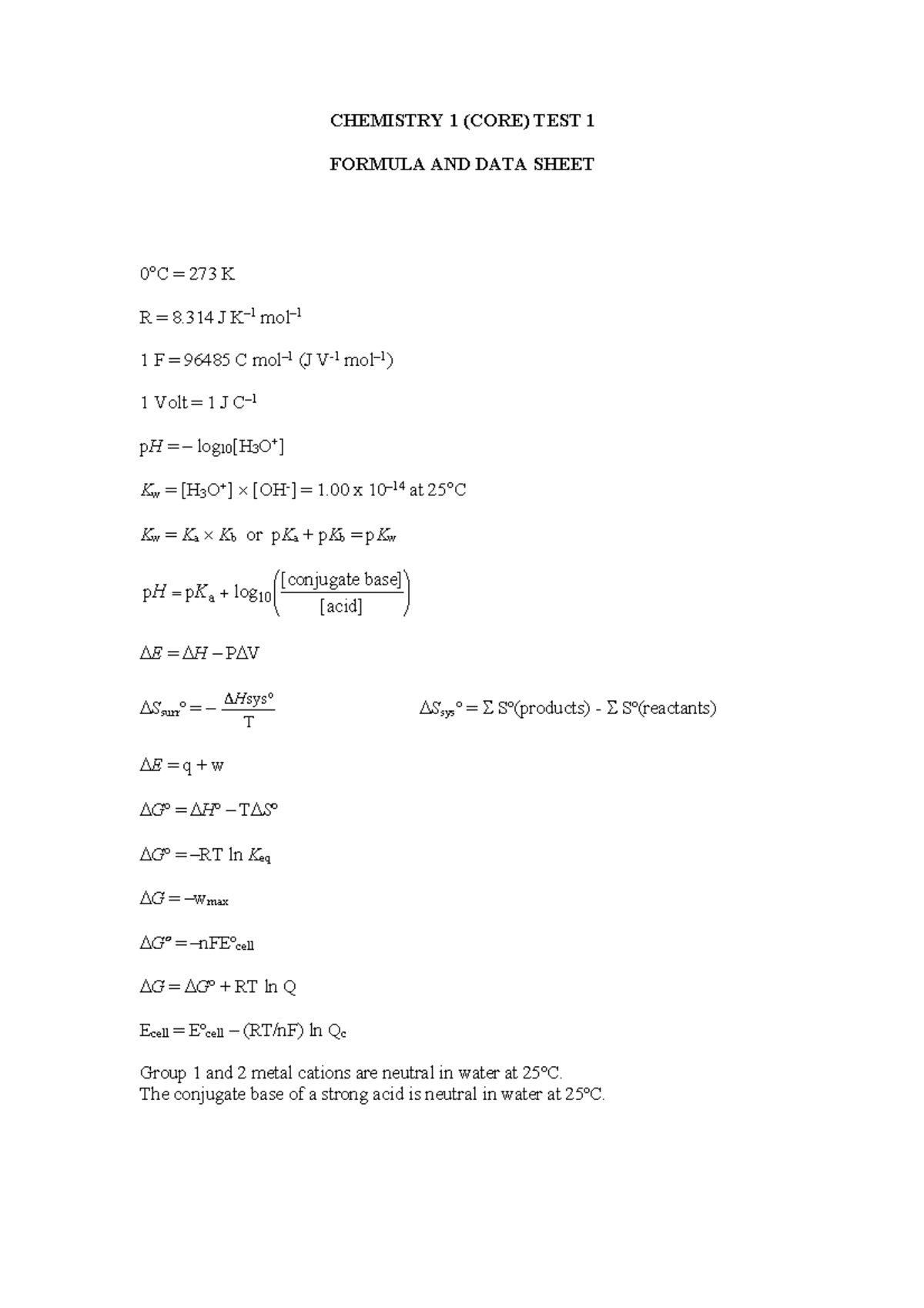 Test 1 data sheet - CHEMISTRY 1 (CORE) TEST 1 FORMULA AND DATA SHEET 0 ...