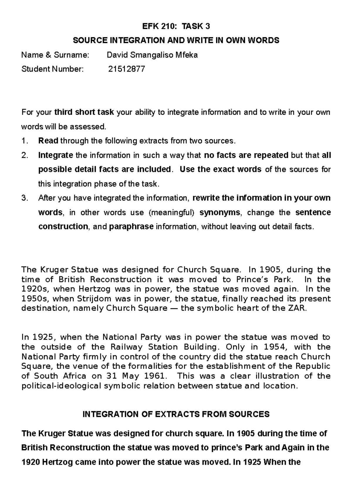 EFK210 CA Task 3 - Continuous - EFK 210: TASK 3 SOURCE INTEGRATION AND WRITE IN OWN WORDS Name ...