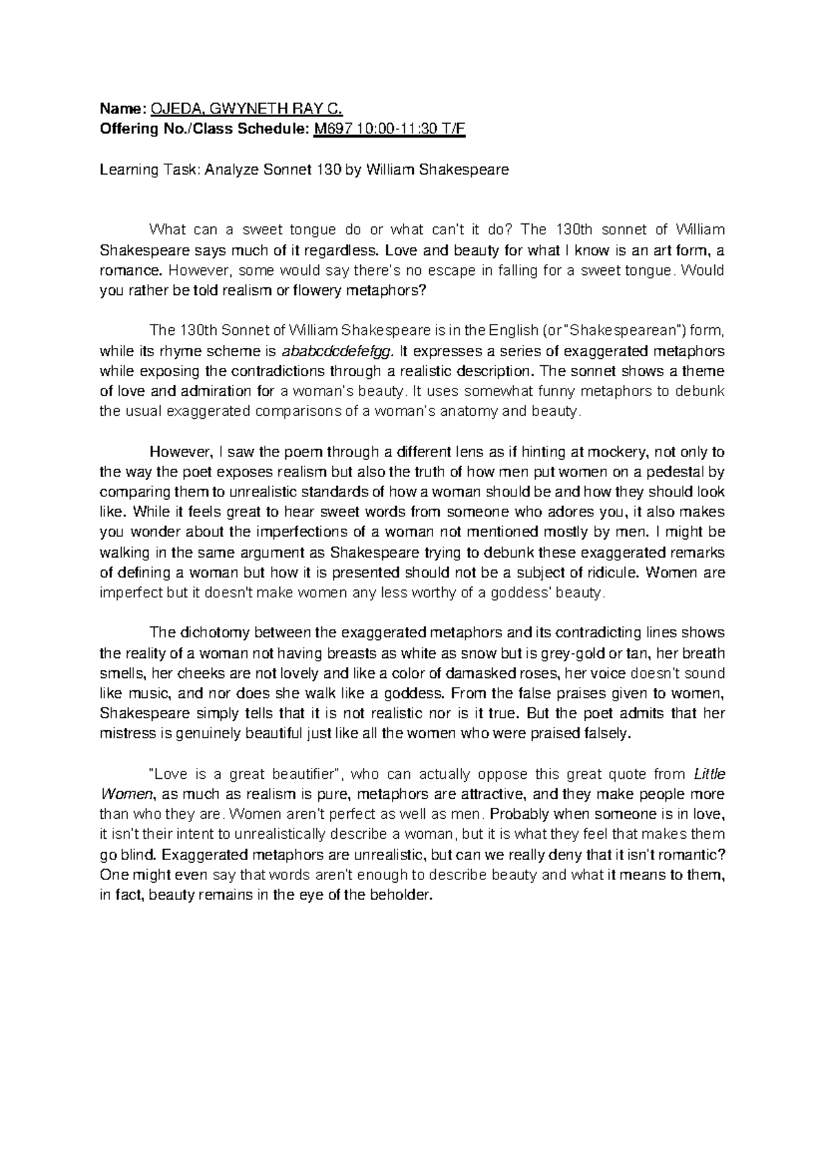 Sonnet - Name: OJEDA, GWYNETH RAY C. Offering No./Class Schedule: M697 ...