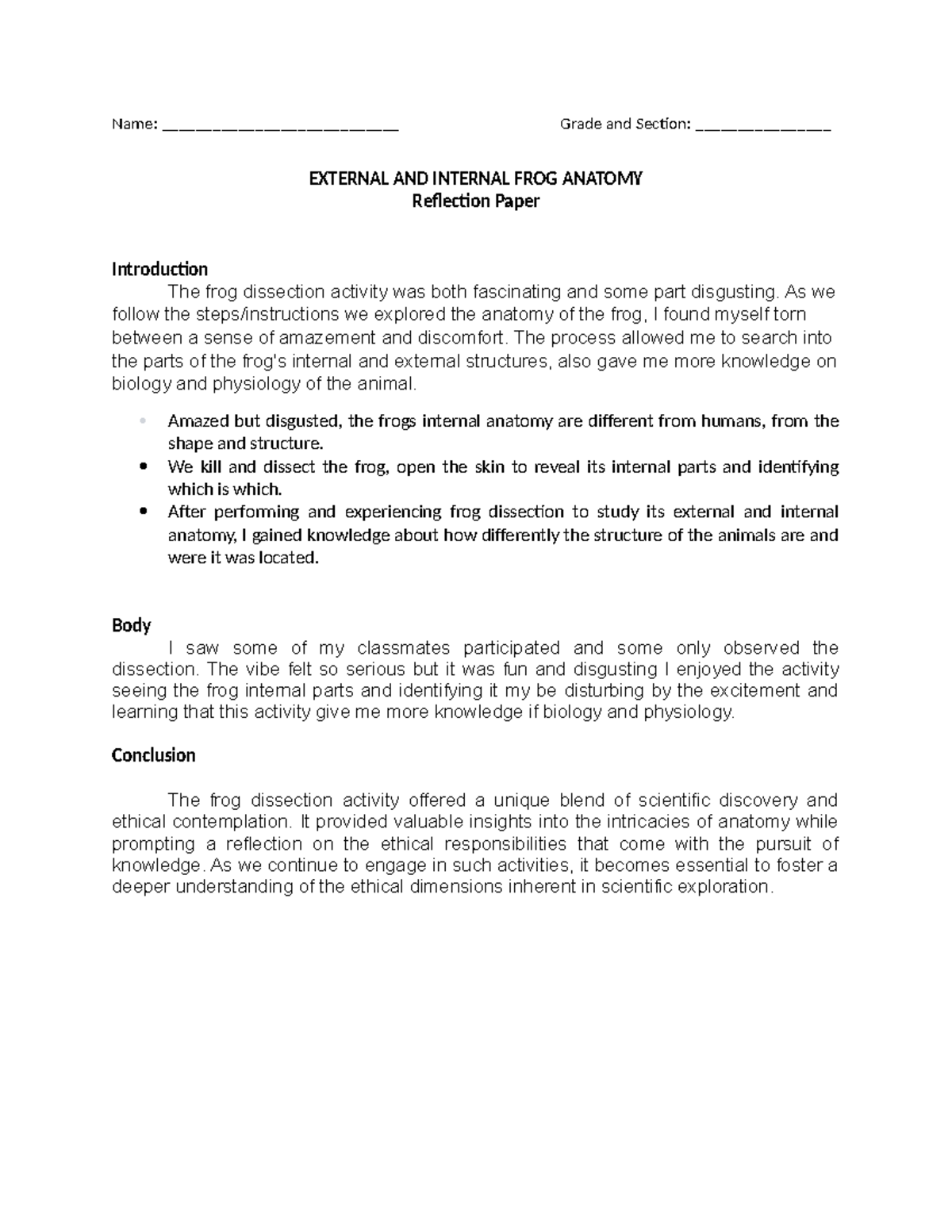 Reflection Paper Format Outline - Name ...