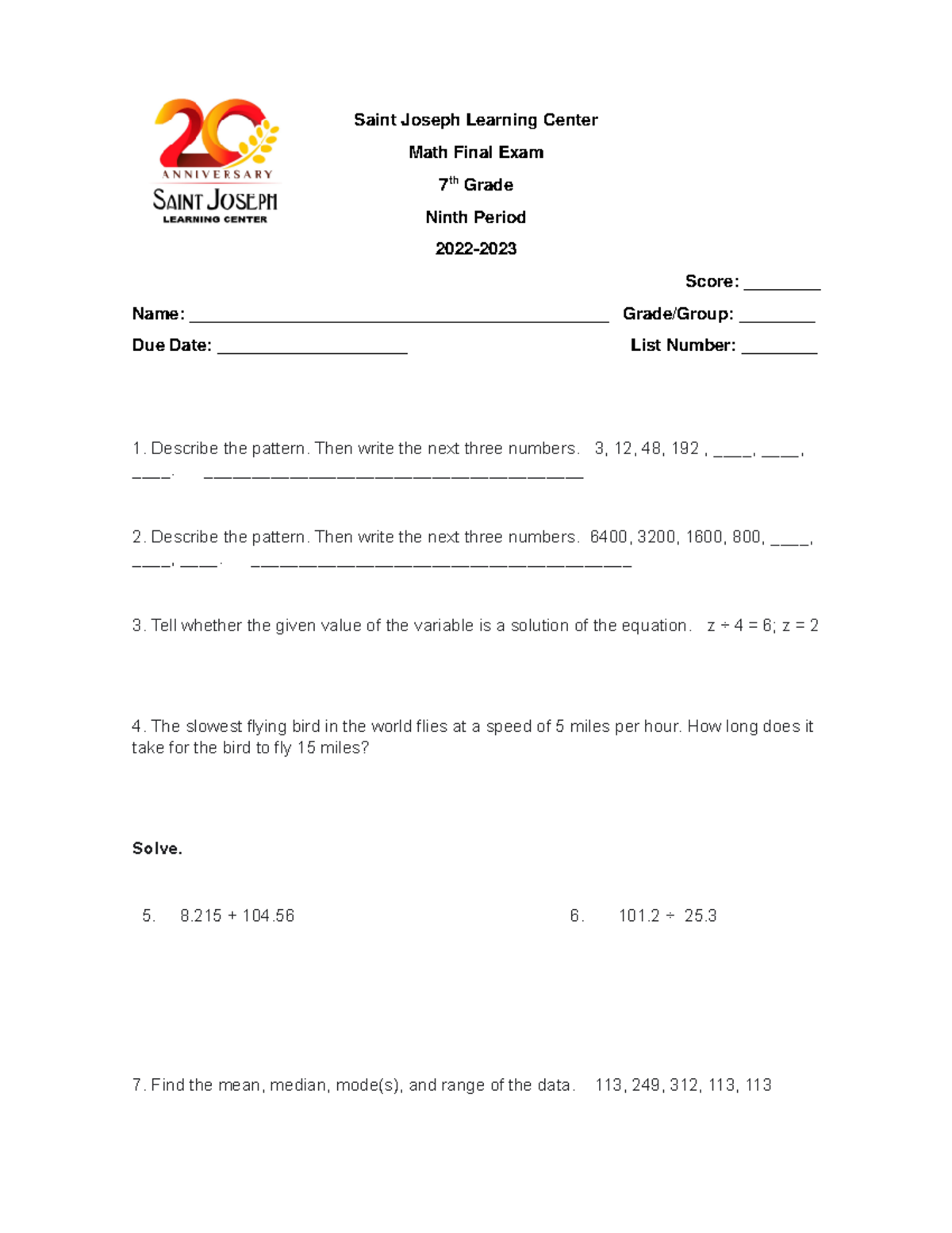 Math 7th Final Exam (V2) - Saint Joseph Learning Center Math Final Exam ...