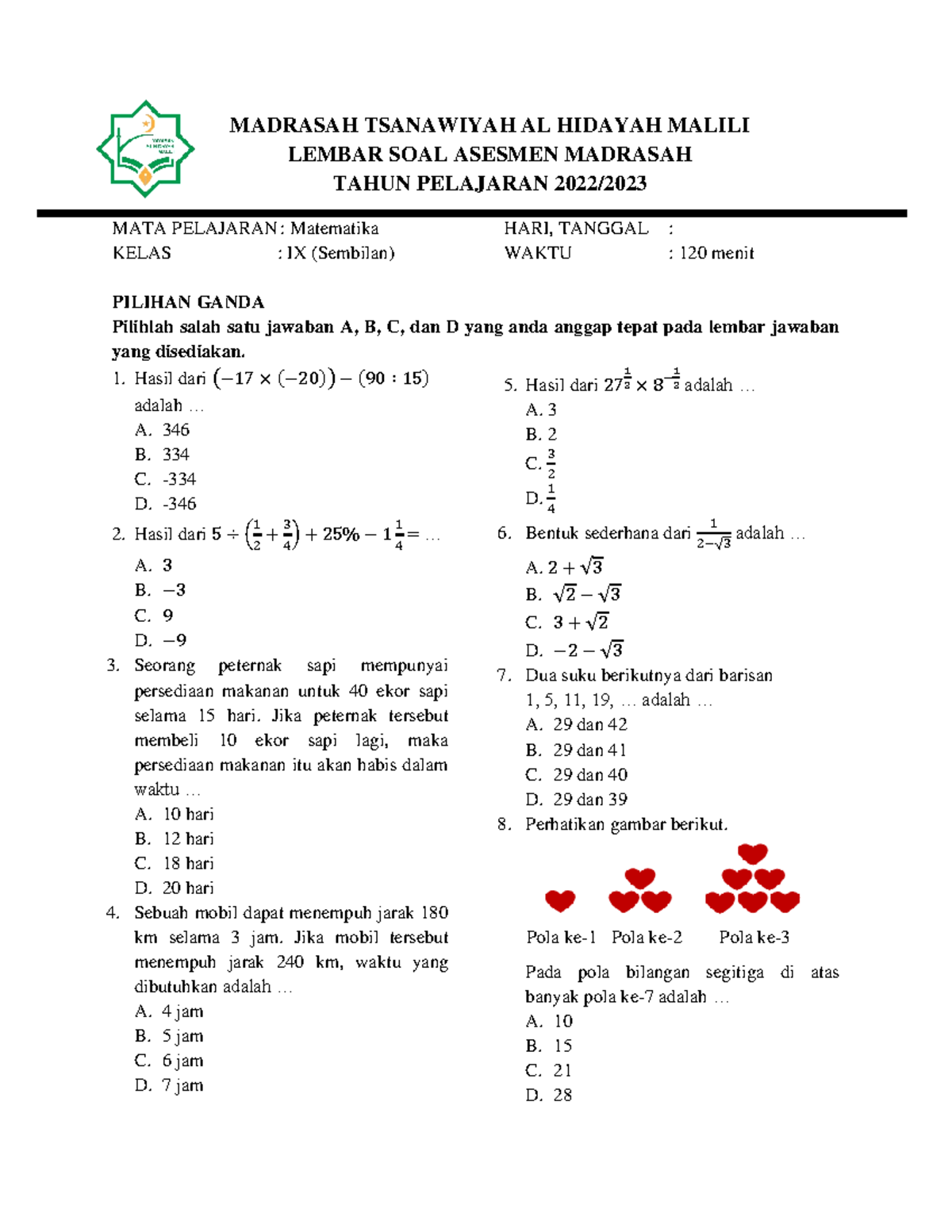 Lembar soal AM Al hidayah - MADRASAH TSANAWIYAH AL HIDAYAH MALILI LEMBAR SOAL ASESMEN MADRASAH ...