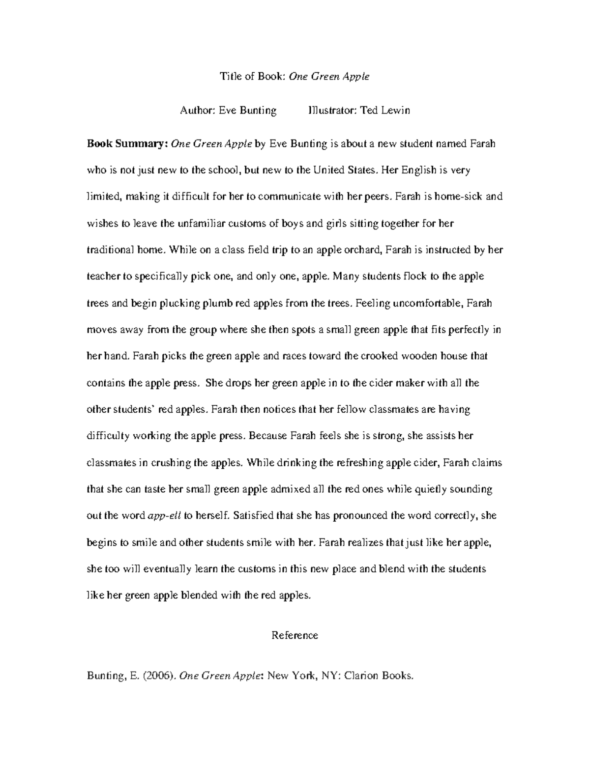 Lew via commundus III - N?A - Title of Book: One Green Apple Author ...