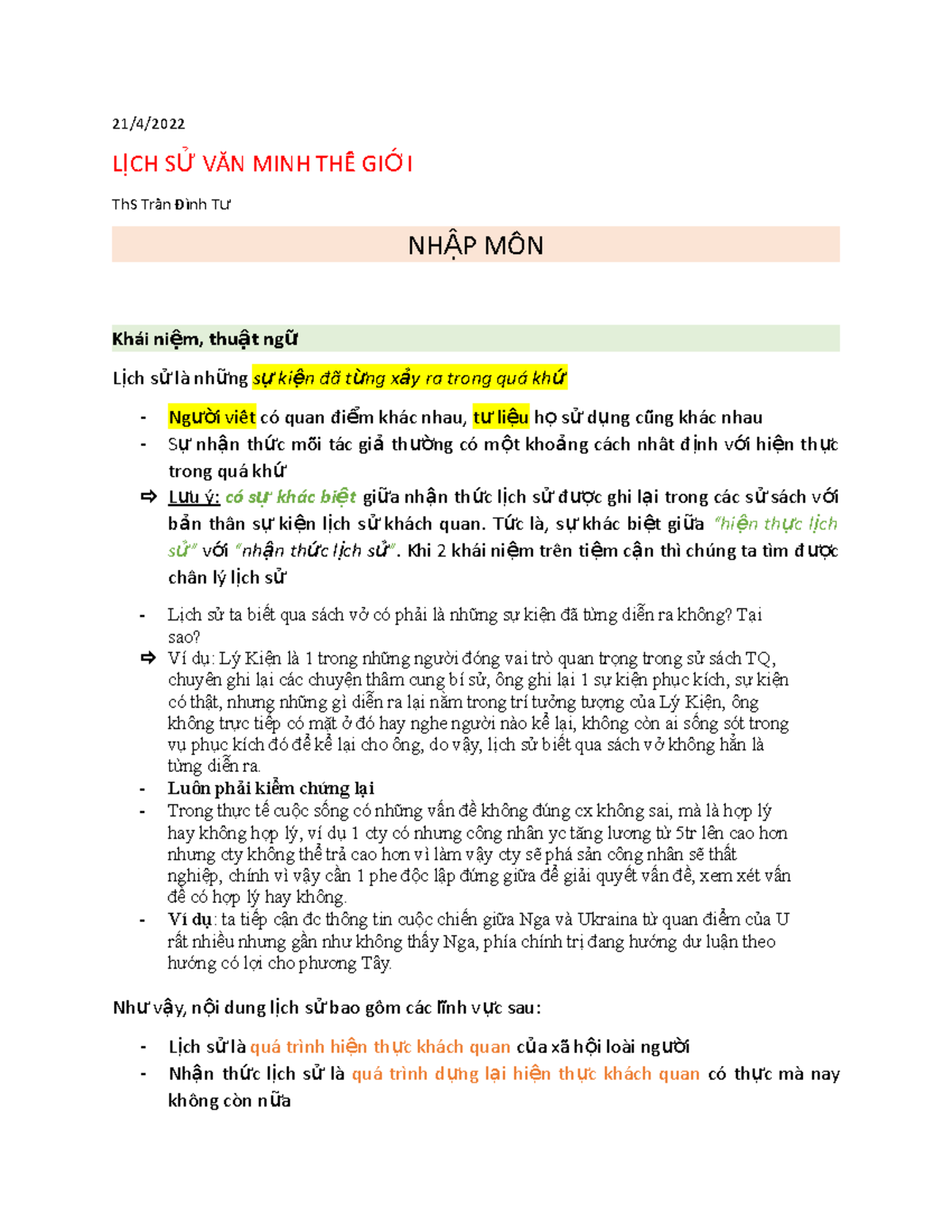 Lsvmtg - tóm tắt khái kiệm cơ bản để nhập môn tốt hơn - 21/4/ L CH SỊ Ử VĂN MINH THẾẾ GI ỚI ThS ...