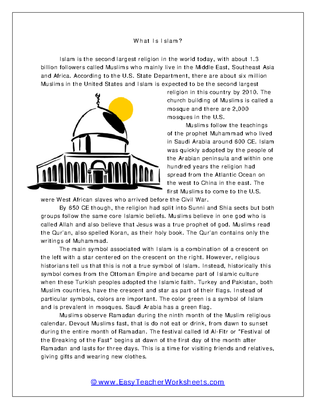 Islam Worksheet - ©EasyTeacherWorksheets What Is Islam? Islam is the ...