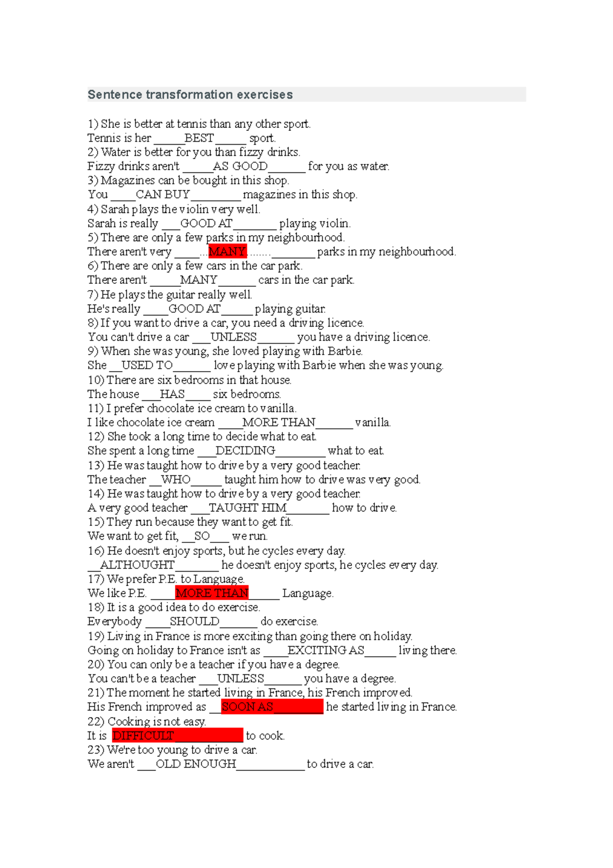 Sentence transformation exercises 1-99 - Sentence transformation ...