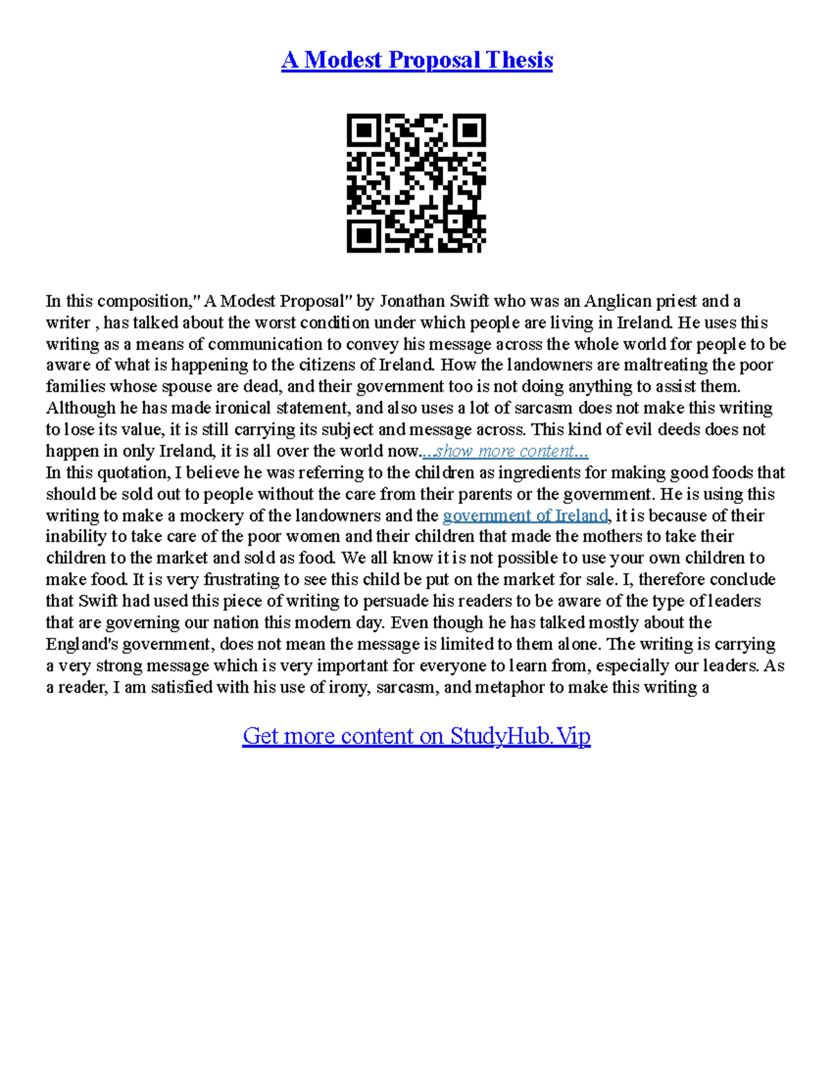 Proposal Essay Proposal Essay - A Modest Proposal Thesis In this ...