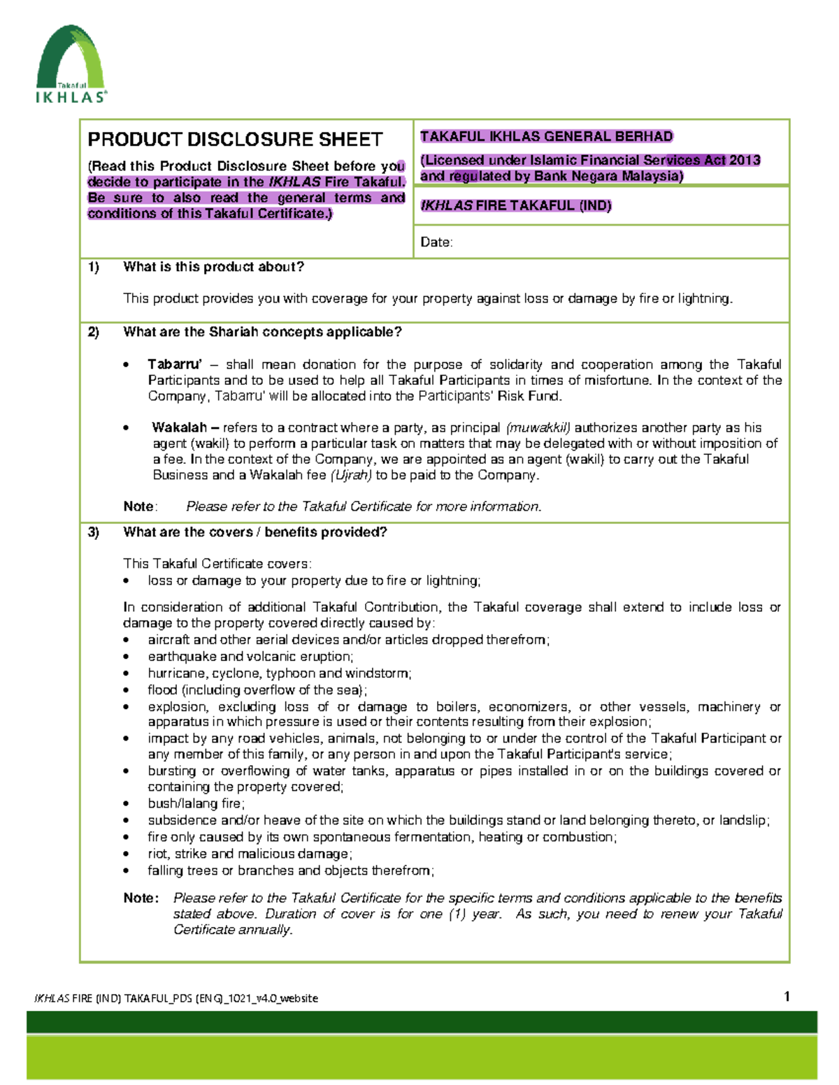 Takaful Ikhlas fire takaful - PRODUCT DISCLOSURE SHEET (Read this ...