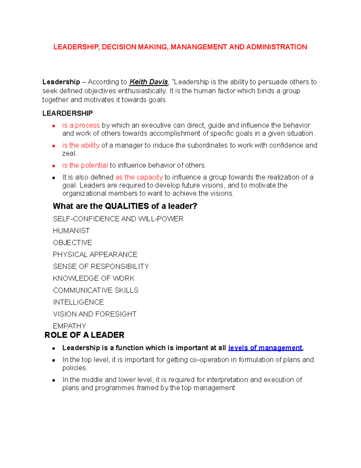 Leadership - Notes - LEADERSHIP, DECISION MAKING, MANANGEMENT AND ...