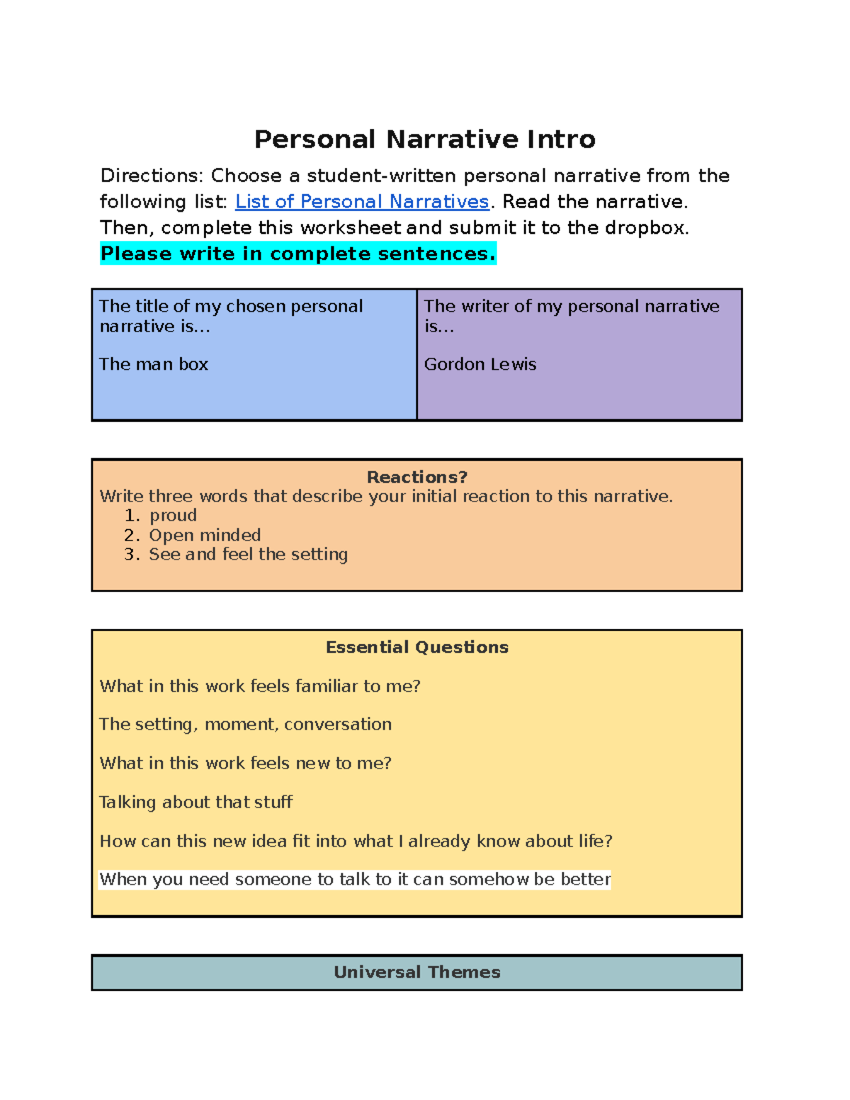 Copy of Introduction to Personal Narrative - Personal Narrative Intro ...