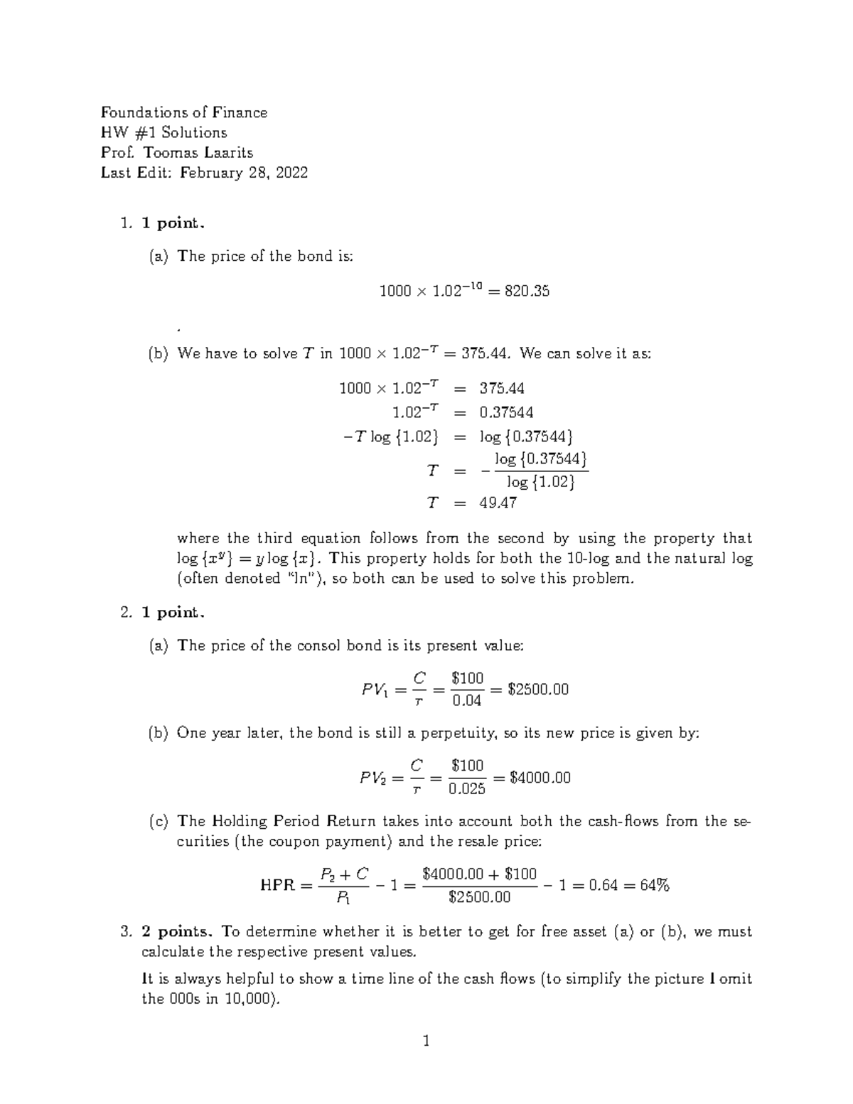 Homework 1 Solutions Foundations of Finance Laarits - Foundations of ...