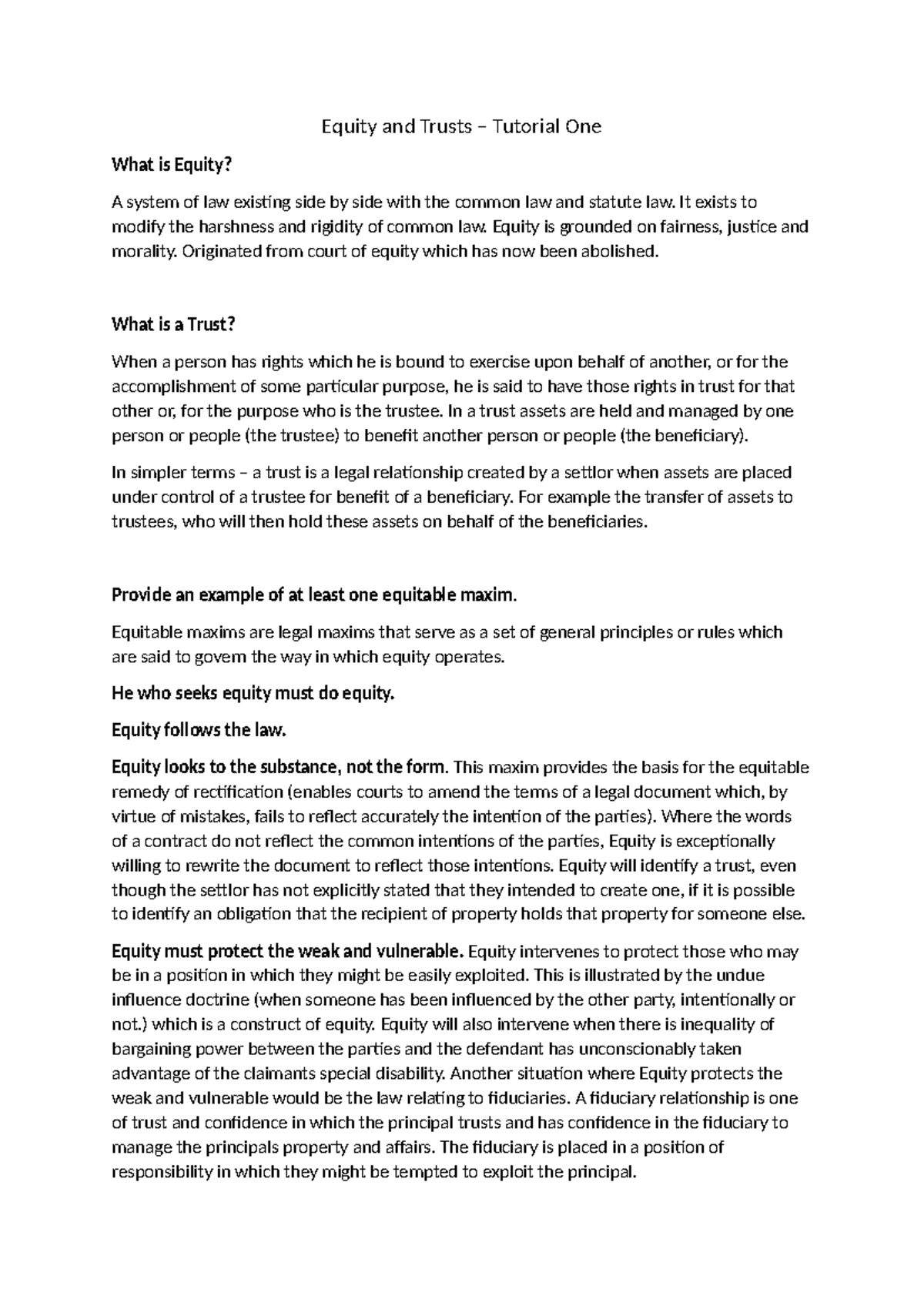 Equity and Trusts Tutorial One - Equity and Trusts – Tutorial One What ...