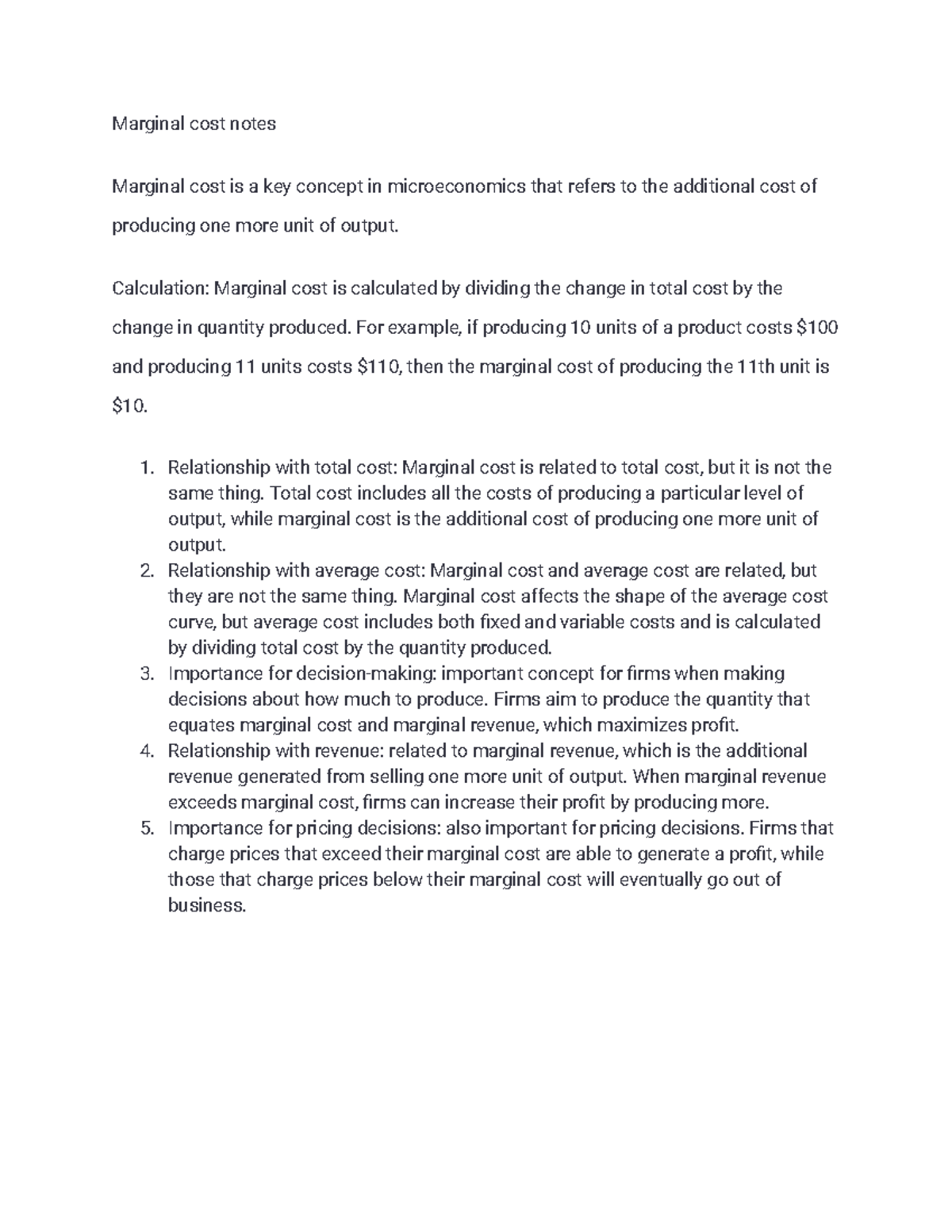 Marginal cost notes - Marginal cost notes Marginal cost is a key ...