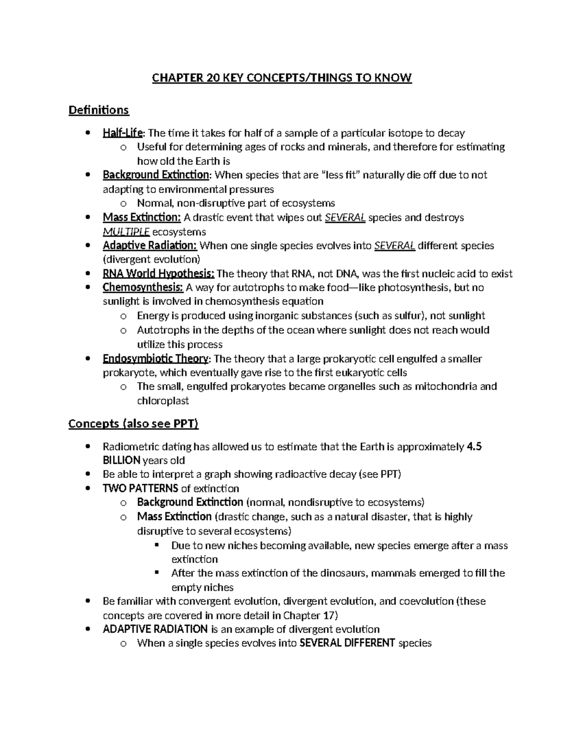 Chapter 20 KEY Concepts - CHAPTER 20 KEY CONCEPTS/THINGS TO KNOW Definitions Half-Life: The time ...