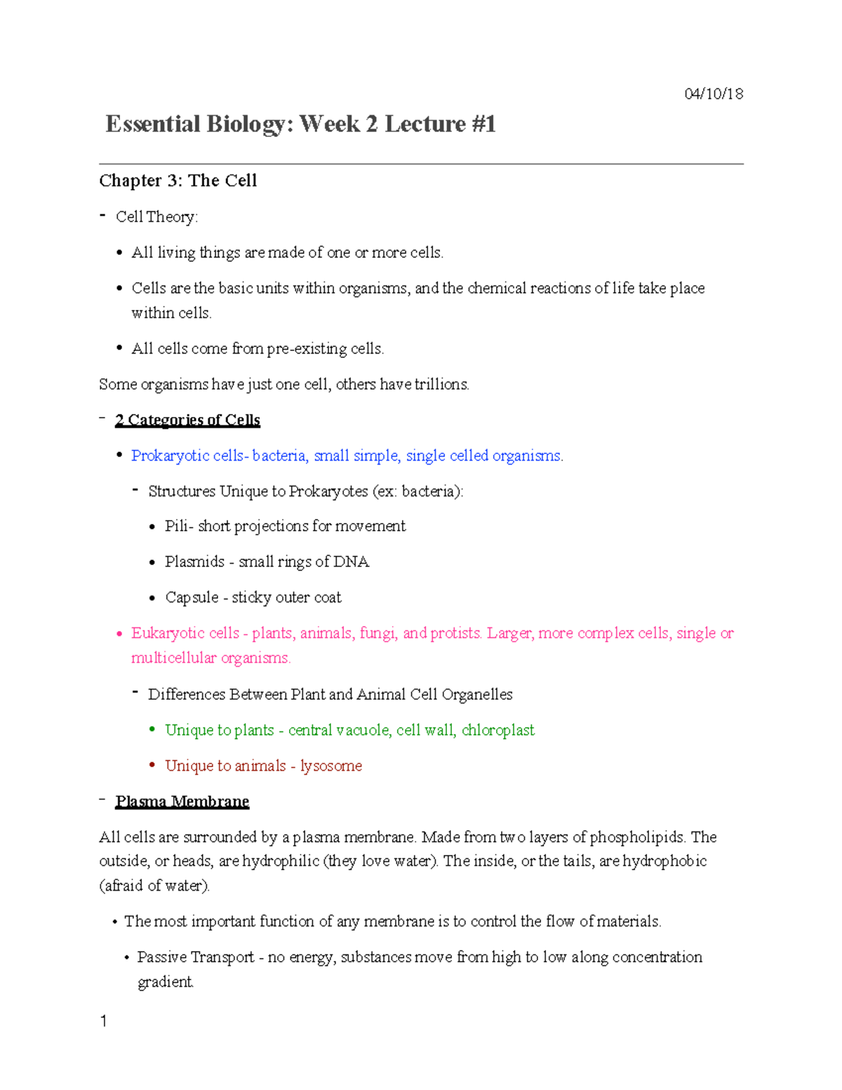 Chapter 3 - The Cell - Lecture notes Week 1, Lecture 2 - 04/10/18 ...