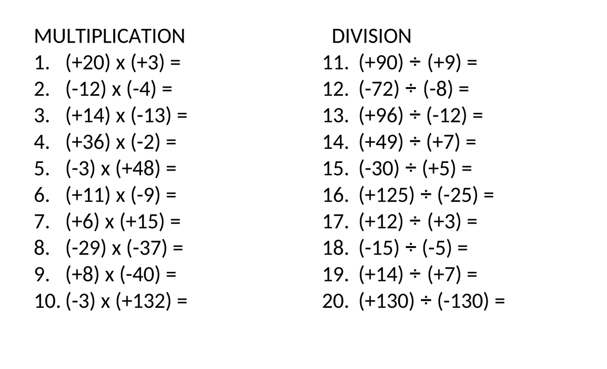 Integers - Physical Education - MULTIPLICATION (+20) x (+3) = (-12) x ...