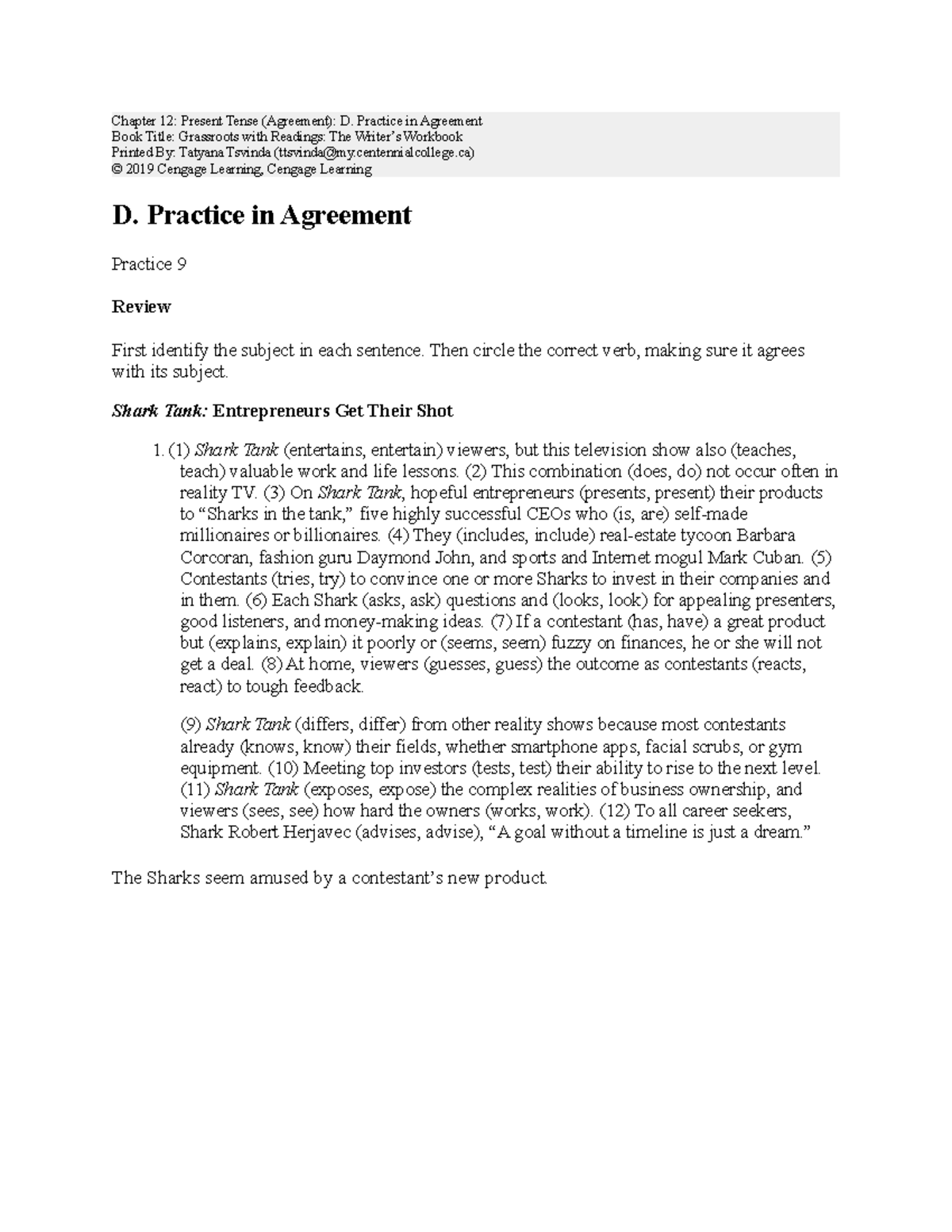 Subject VERB Agreement Exercise - Chapter 12: Present Tense (Agreement ...