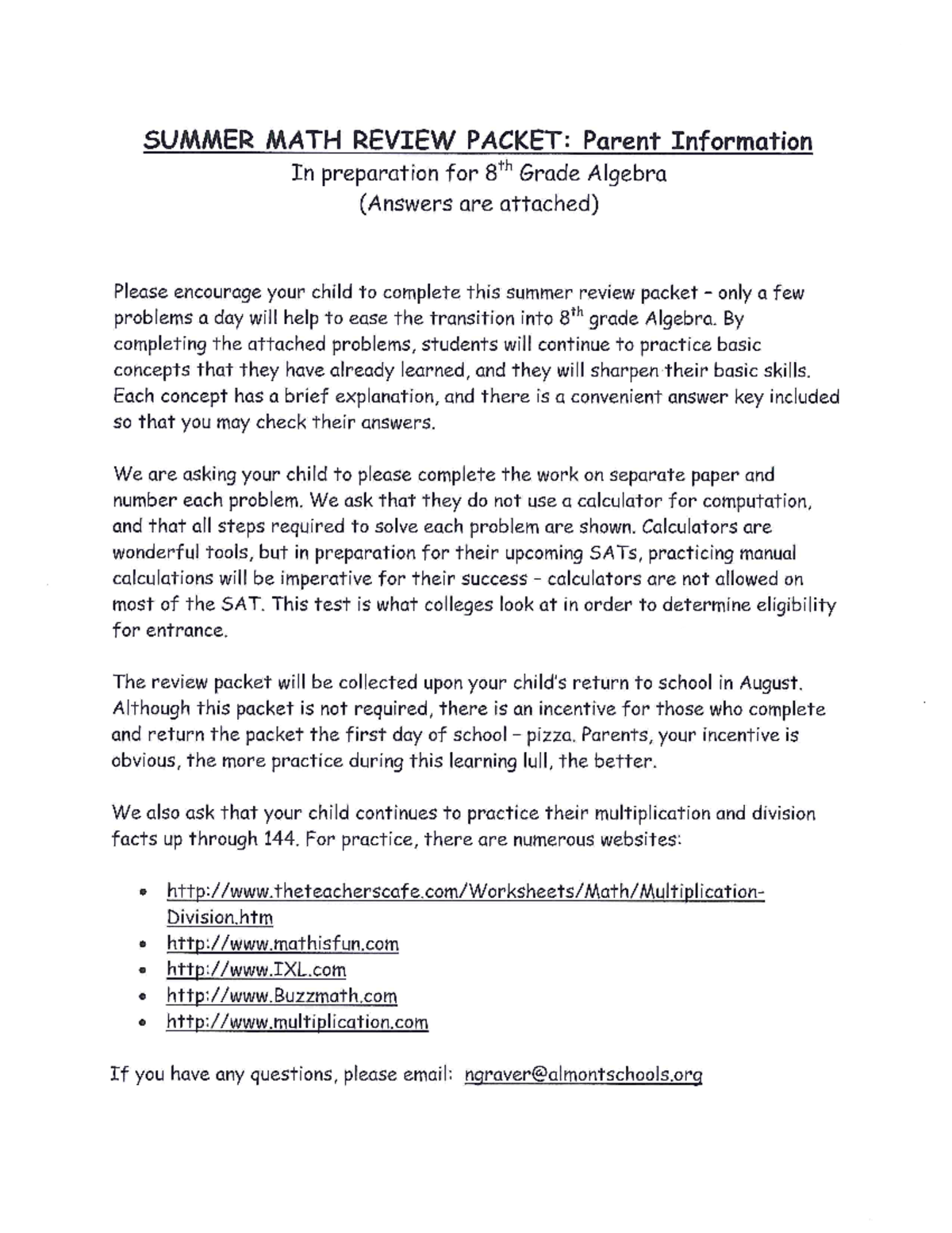 Summer Math Review Packet 8th Grade Algebra General Academic Strand 
