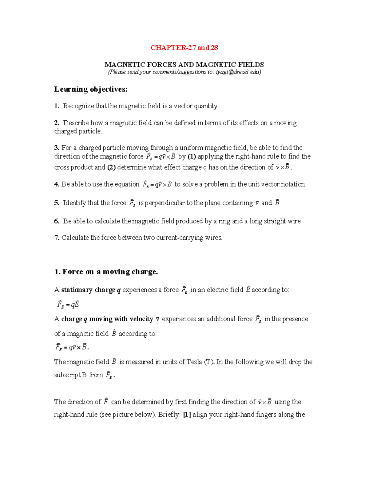 PHYS 102 Ch 27and28Notes YF - CHAPTER-27 and 28 MAGNETIC FORCES AND ...