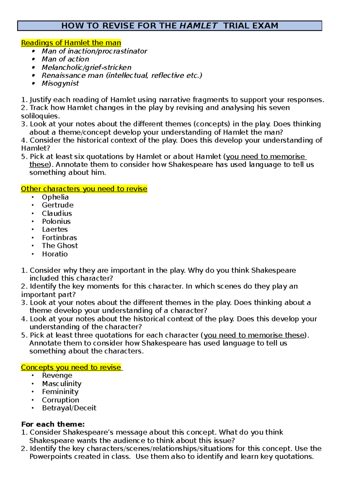 Hamlet Revision Guide 2021 Including themes and quotes - HOW TO REVISE ...