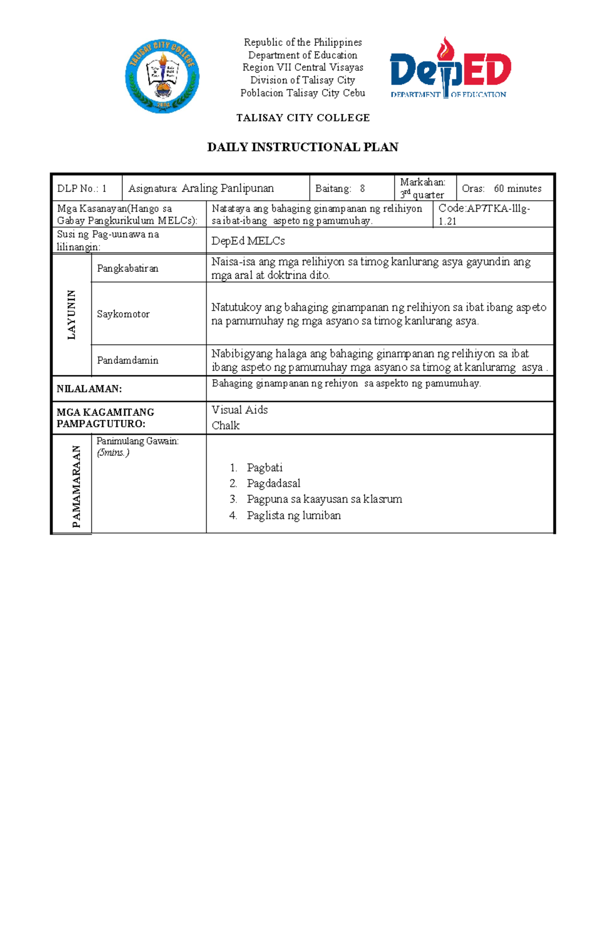 Grade 7 Lessonplanfinal - Republic of the Philippines Department of ...