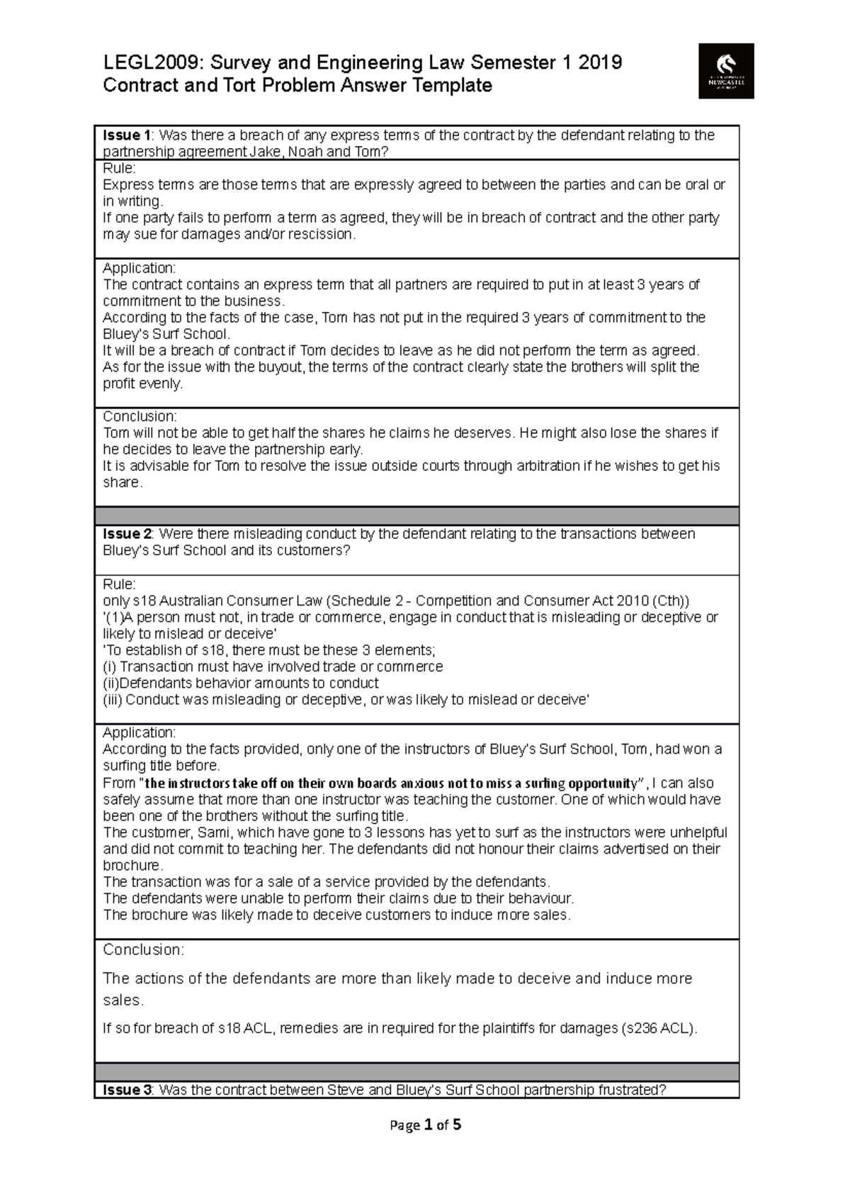 Assignment C3309149 - Contract and Tort Problem Answer Template Issue 1 ...