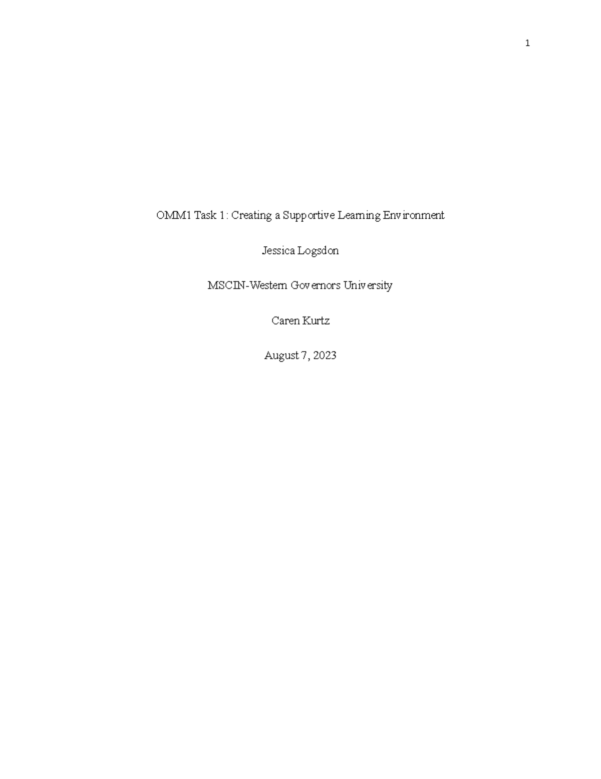 OMM1 Task 1 D186 - OMM1 Task 1: Creating a Supportive Learning ...