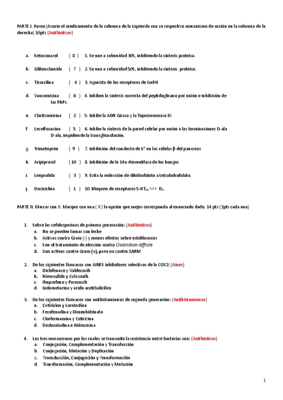 Examen 8 Marzo 2018, preguntas - PARTE I. Pareo (Asocie el medicamento ...