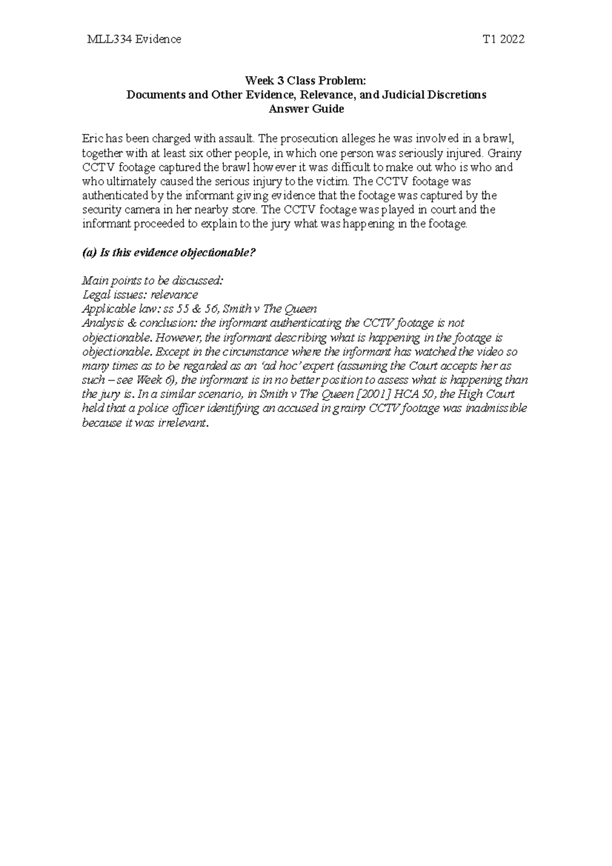 Week 3 class problem answer guide - Week 3 Class Problem: Documents and Other Evidence ...