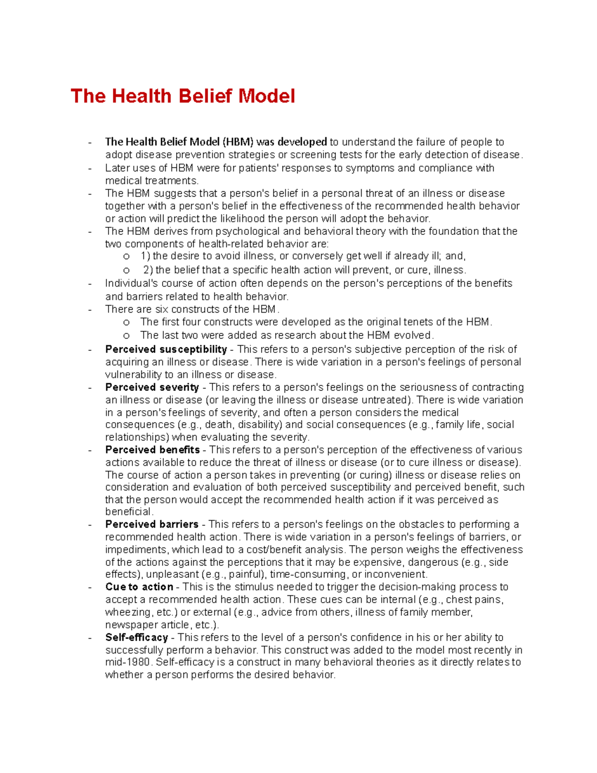 The Health Belief Model - Later uses of HBM were for patients ...
