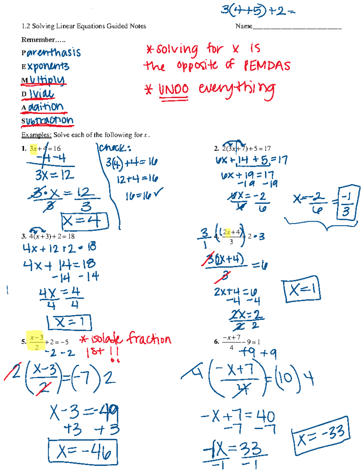 1.2 Guided Notes KEY (1) - 1 Solving Linear Equations Guided Notes Name
