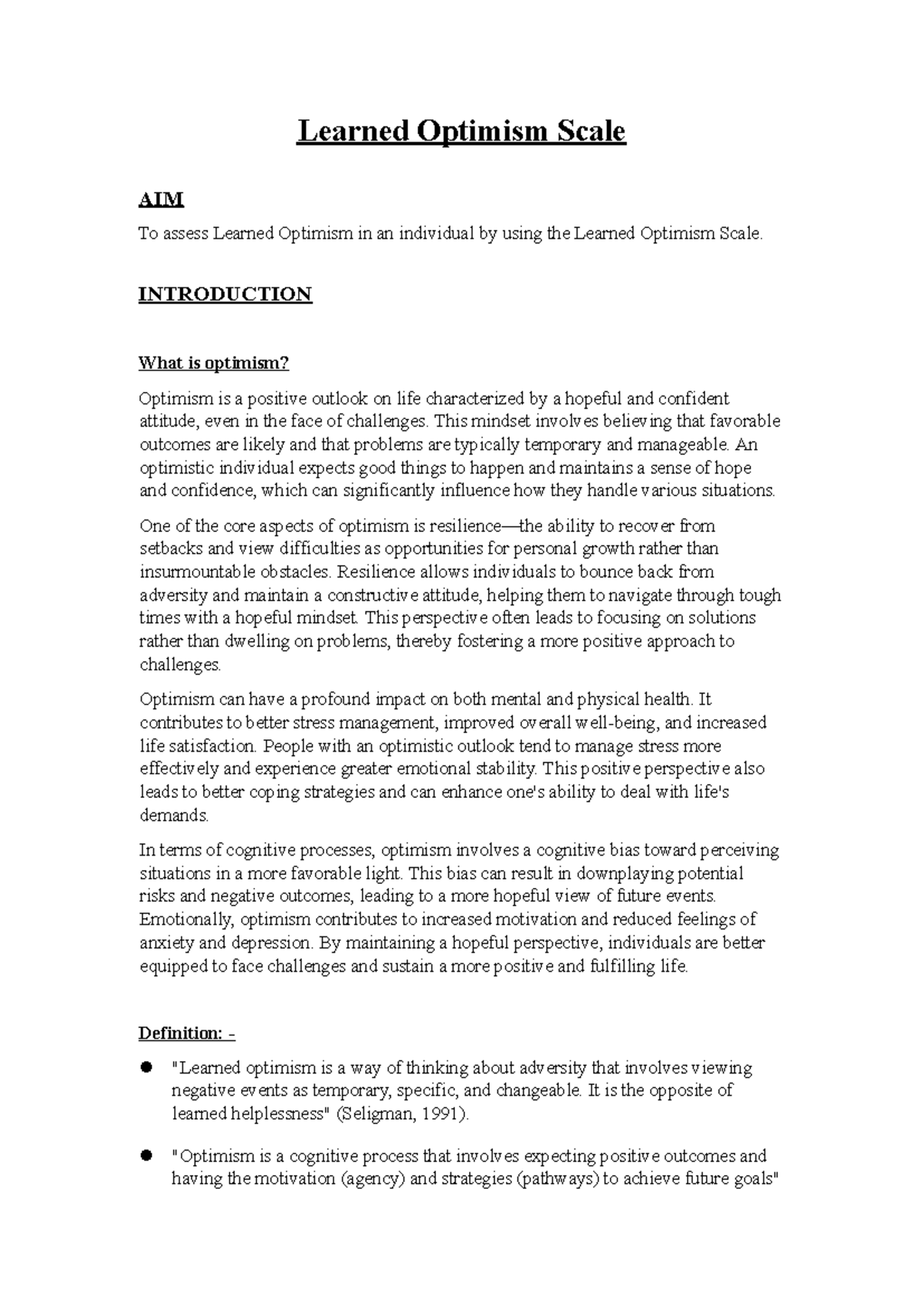 learned optimism scale - Learned Optimism Scale AIM To assess Learned Optimism in an individual ...