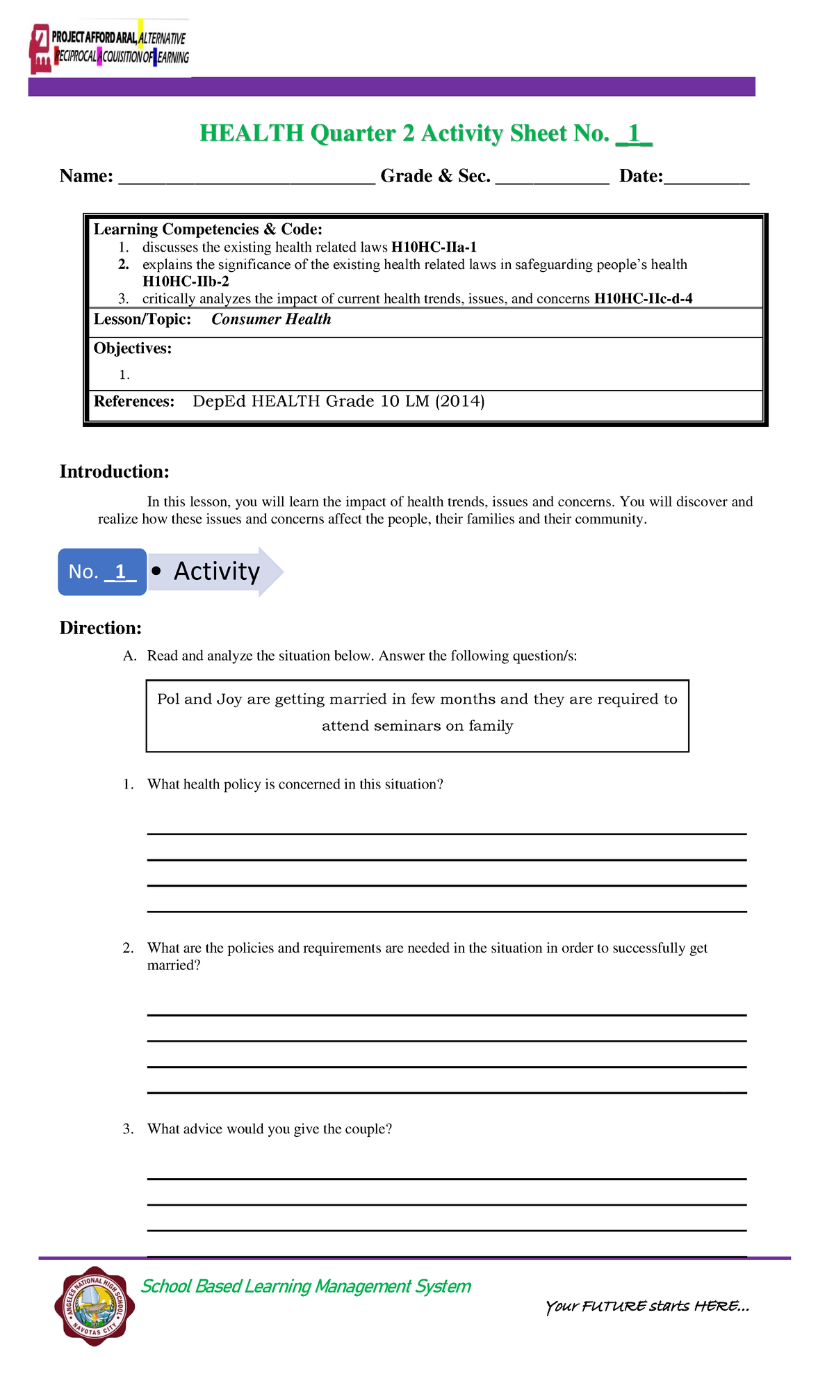 Mapeh Activity Sheets - School Based Learning Management System Your ...