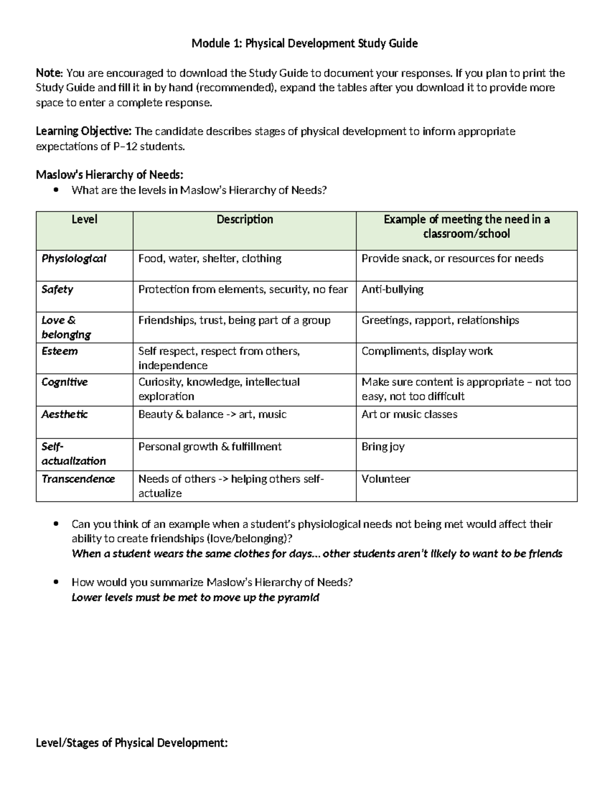 D094 D307 M1 Study Guide 1 - Module 1: Physical Development Study Guide ...