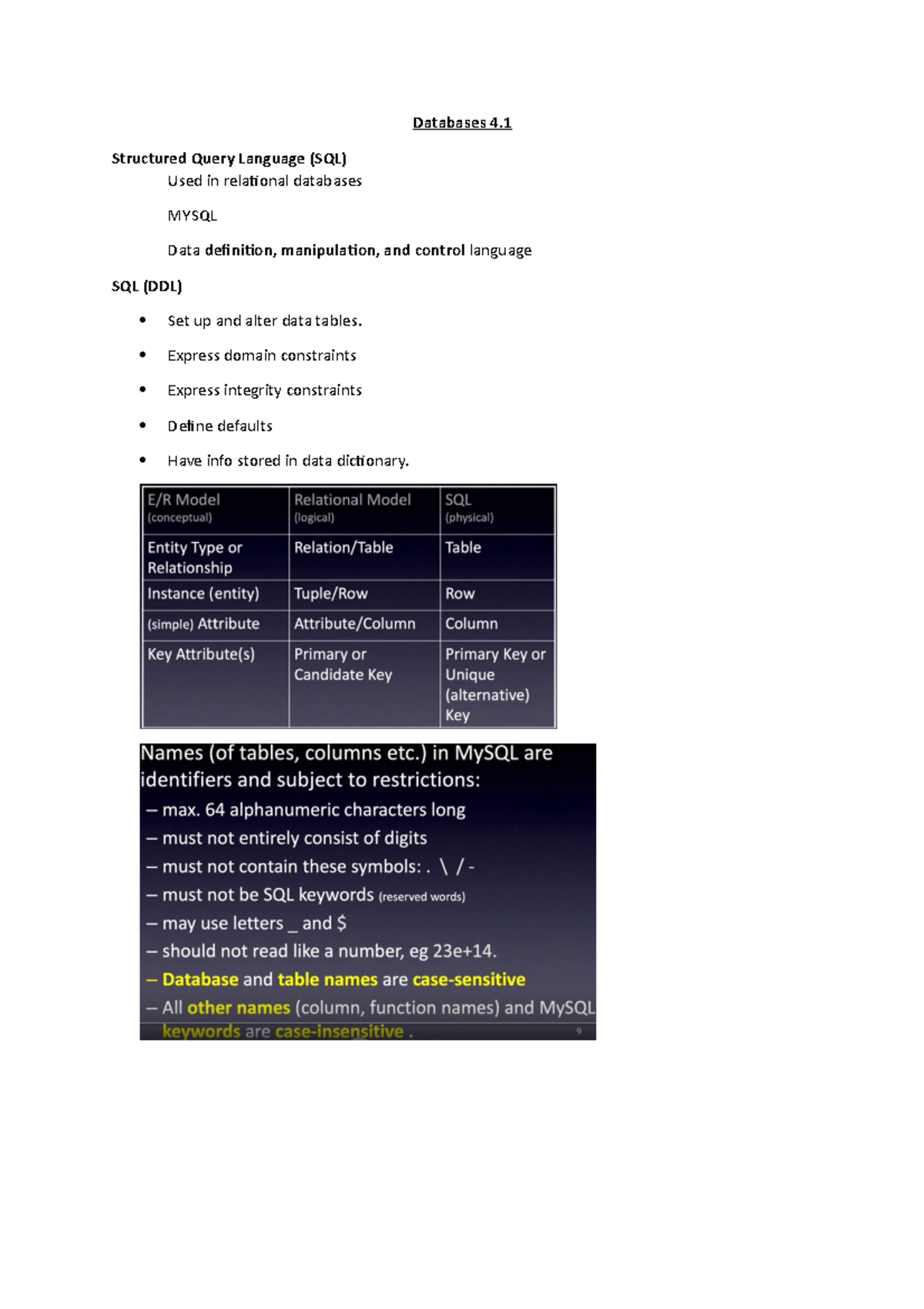 Databases 4 - Lecture notes 4.1 - Databases 4. Structured Query ...